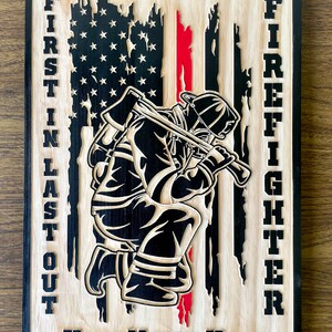 Carved Wood Firefighter Sign American Flag Thin Red Line - Etsy
