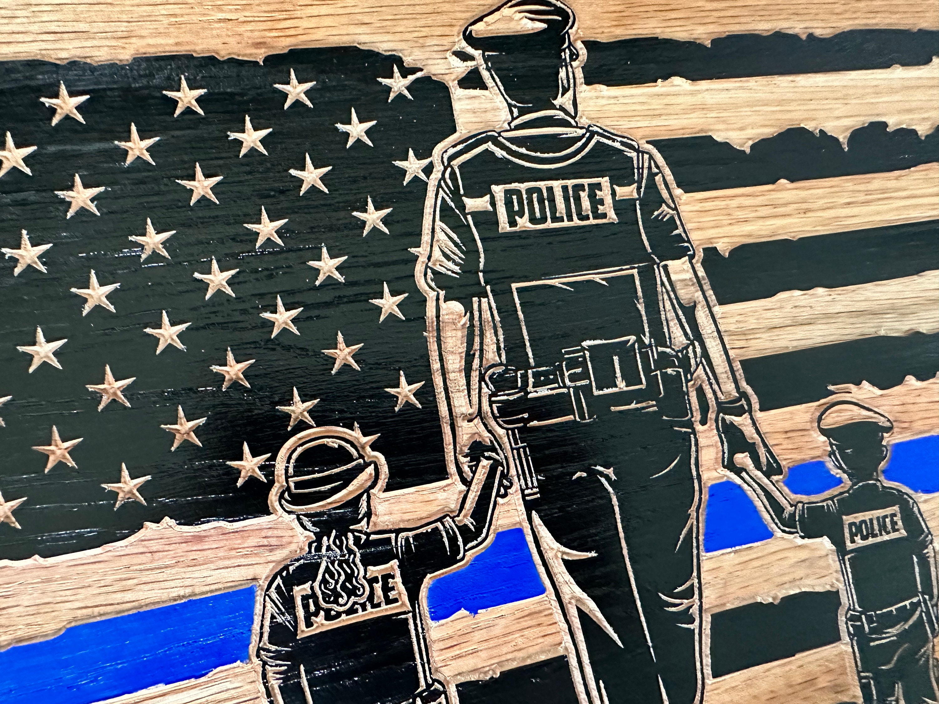 Carved Wood Police Officer Sign, Dad American Flag Thin Blue Line ...