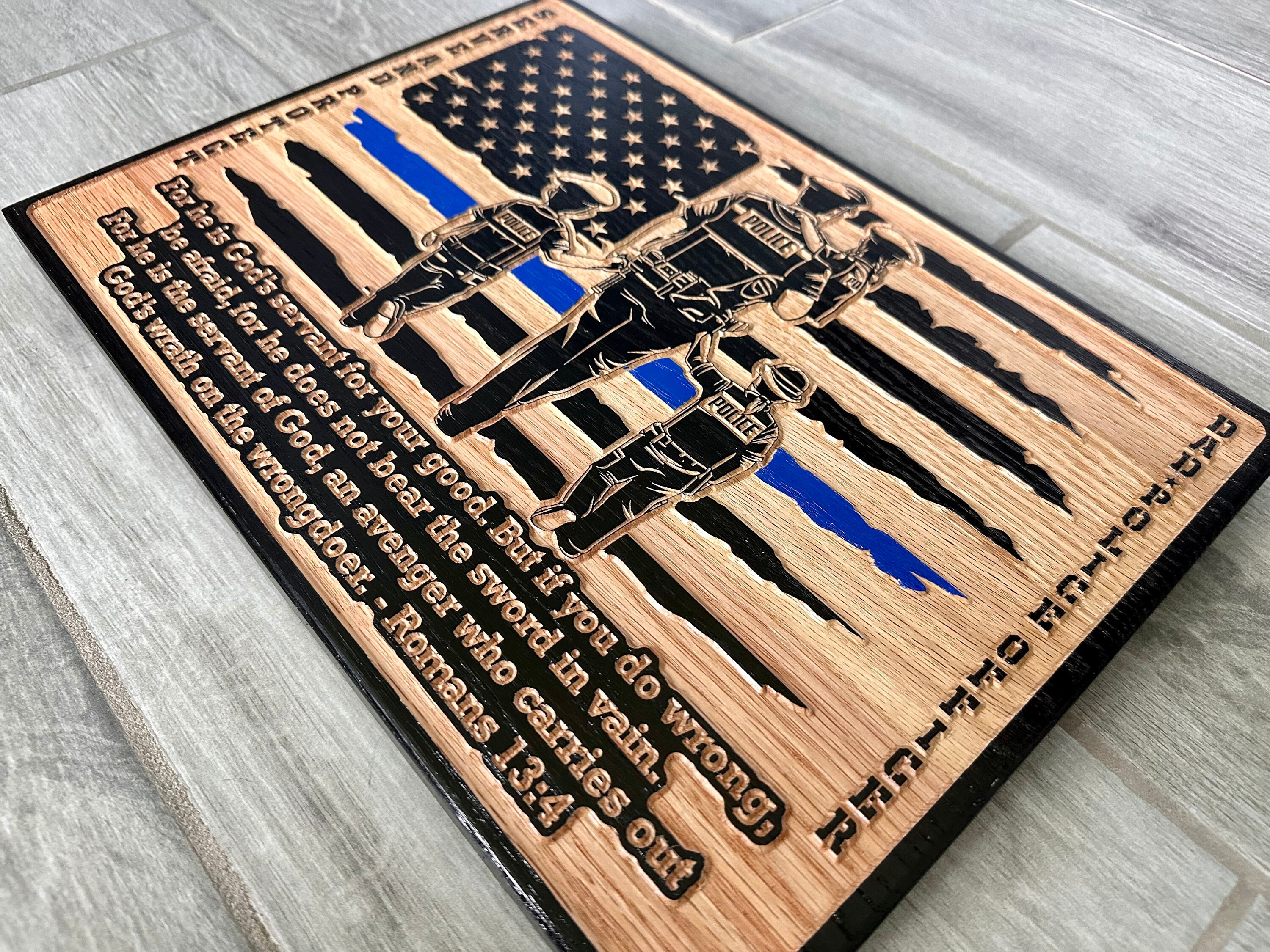 Carved Wood Police Officer Sign, Dad American Flag Thin Blue Line ...