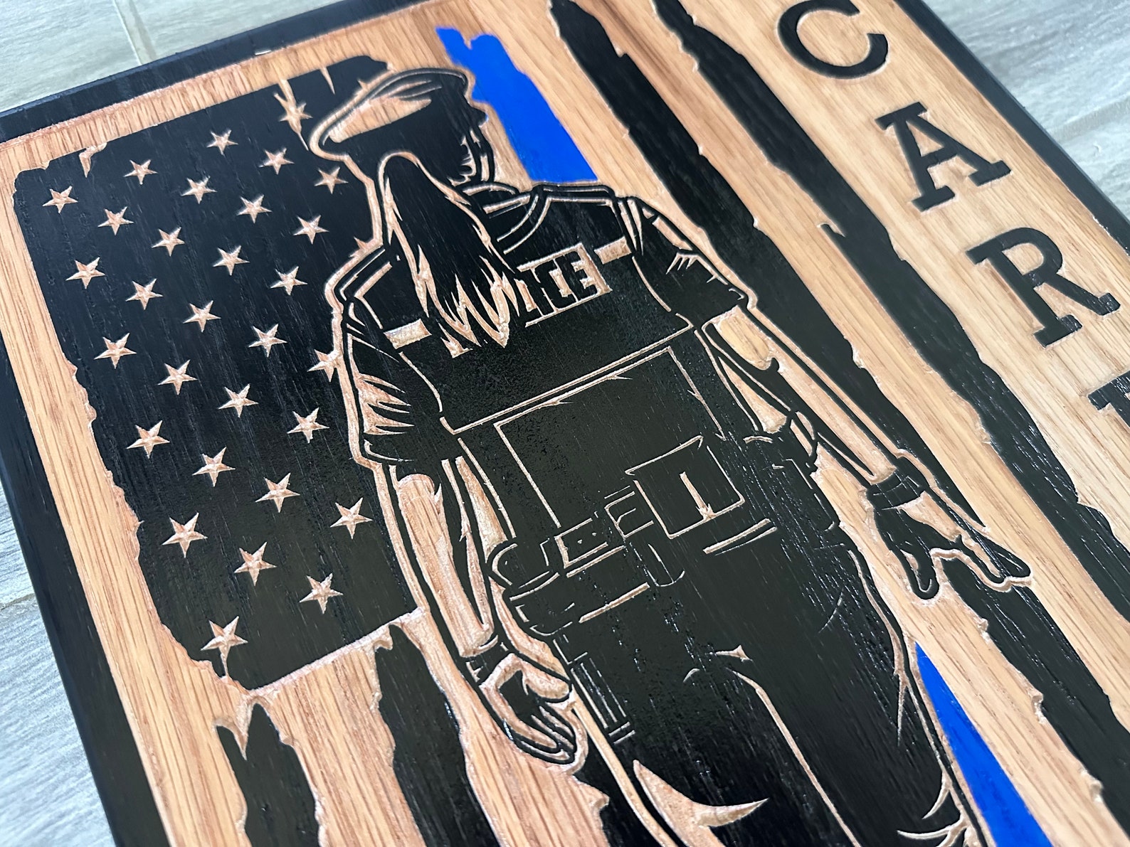 Carved Wood Police Officer Sign, Female US Flag Thin Blue Line ...