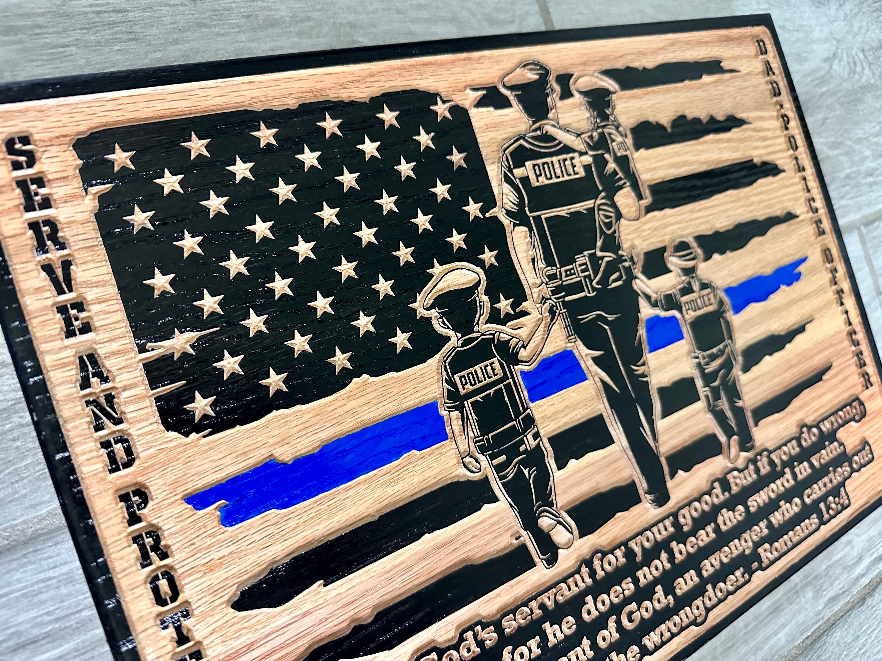 Carved Wood Police Officer Sign, Dad American Flag Thin Blue Line ...