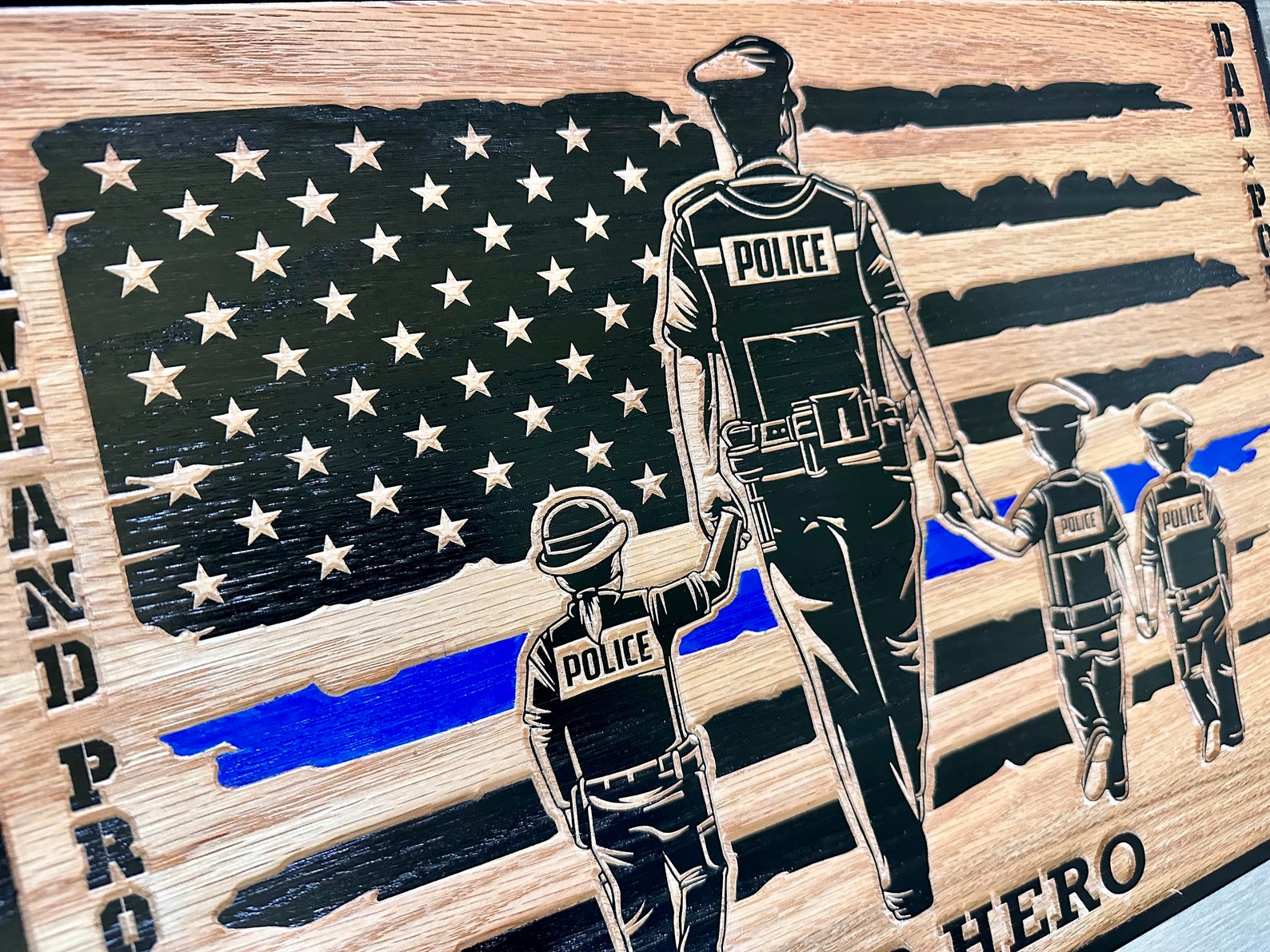 Carved Wood Police Officer Sign, Dad American Flag Thin Blue Line ...