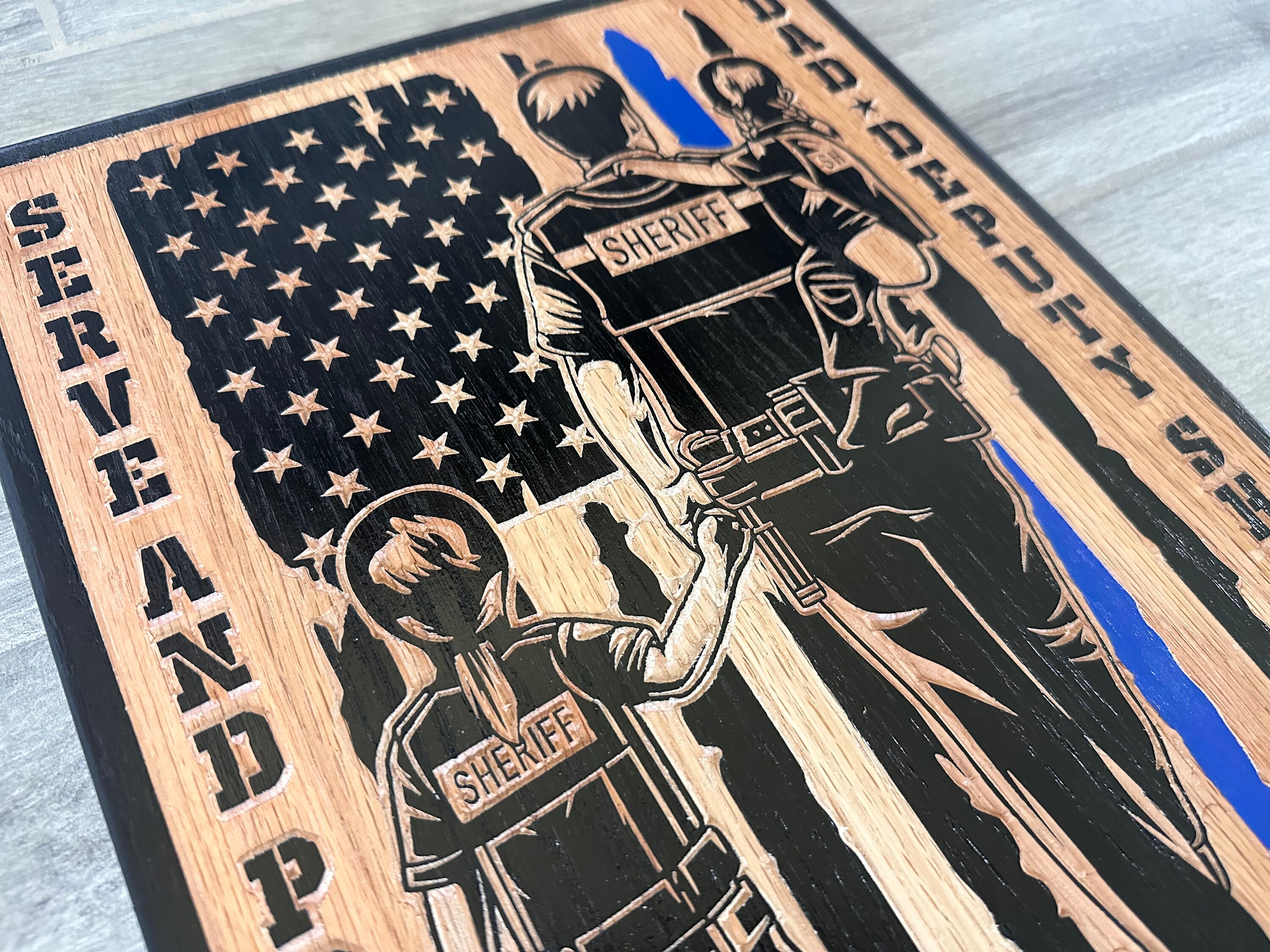 Carved Wood Deputy Sheriff Sign, Dad American Flag Thin Blue Line ...