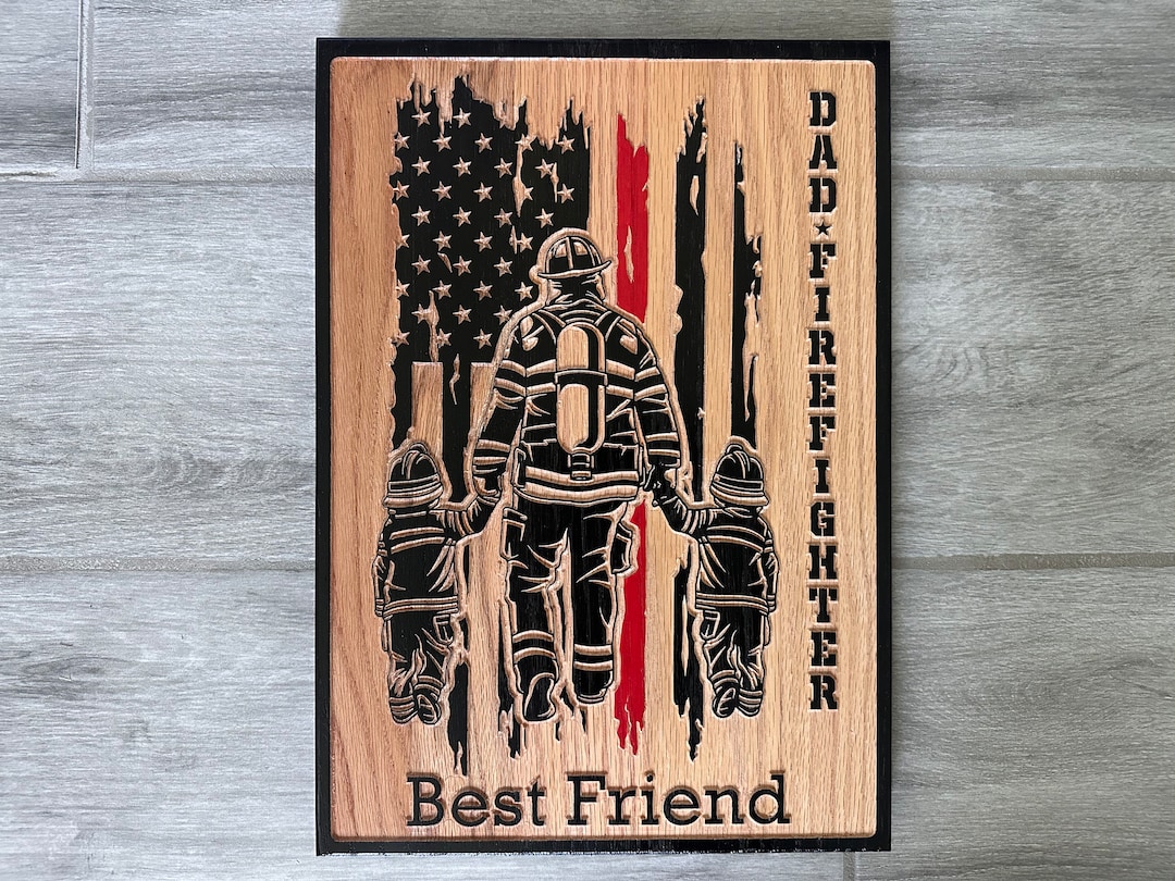 Carved Wood Firefighter Sign, American Flag Thin Red Line, Personalized ...