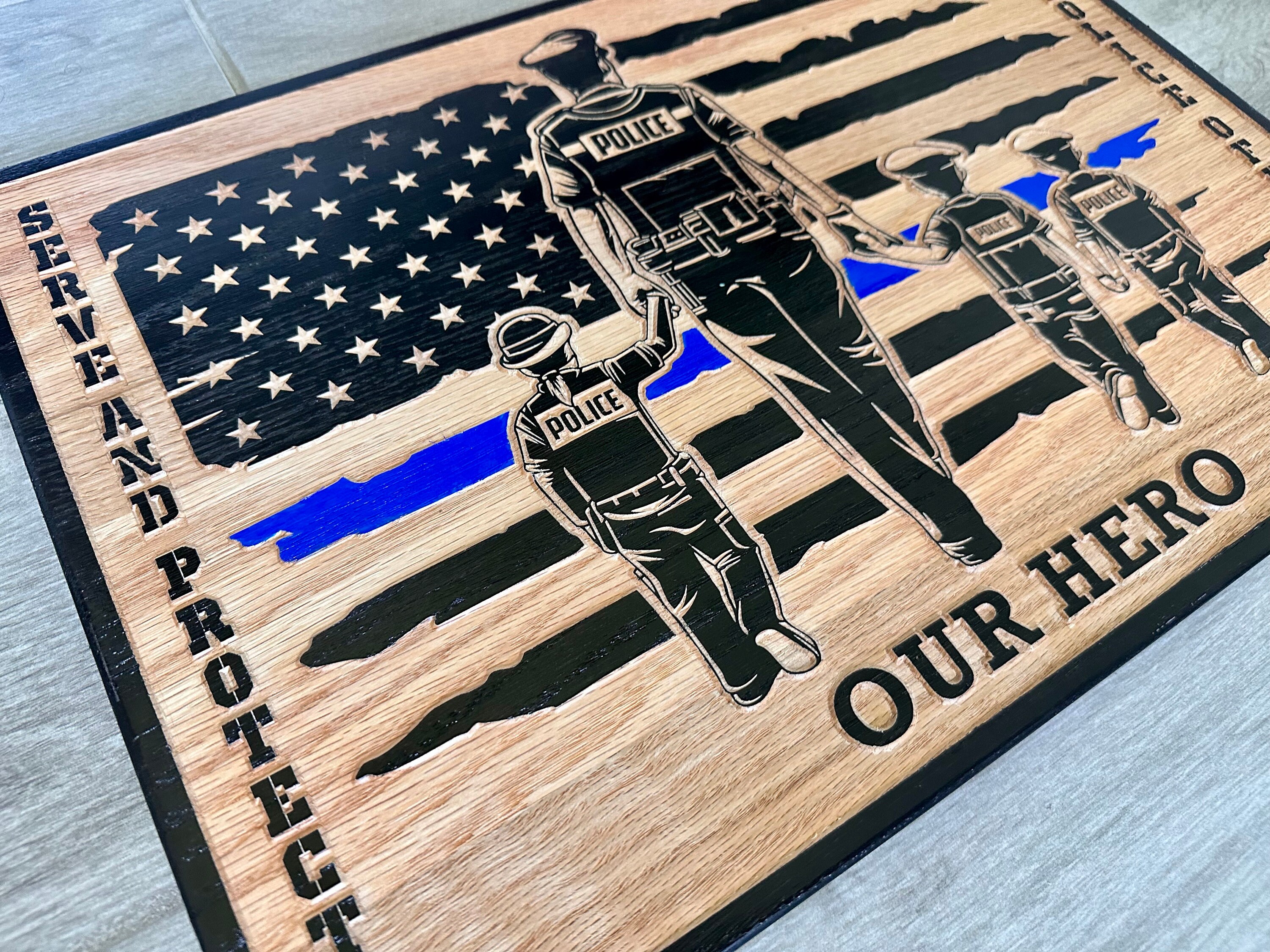 Carved Wood Police Officer Sign, Dad American Flag Thin Blue Line ...