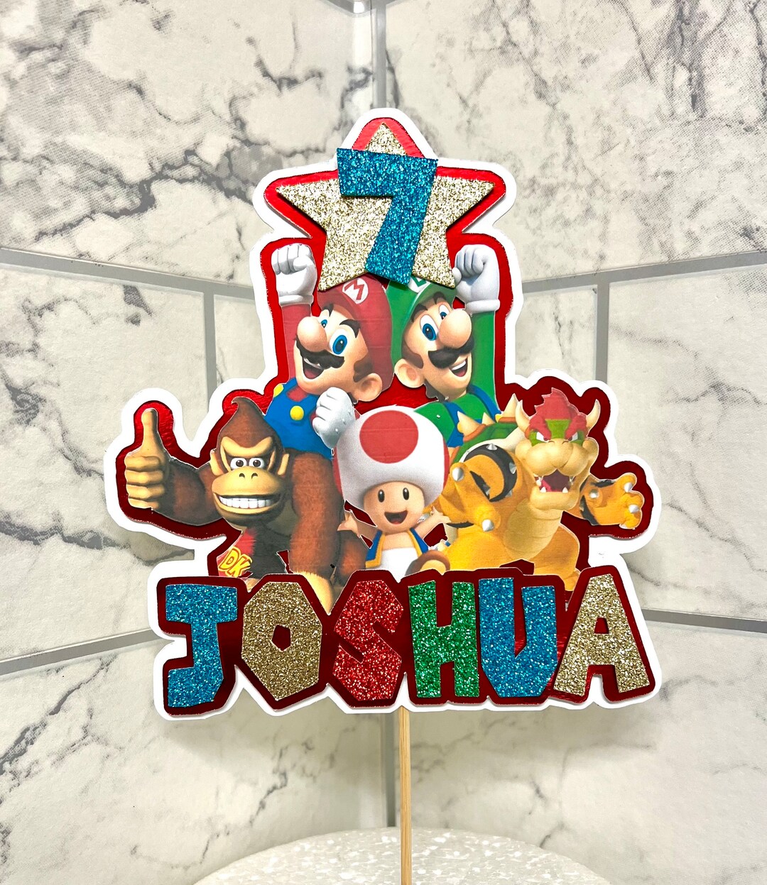 Personalised Birthday Glitter Cake Topper Mario Inspired - Etsy