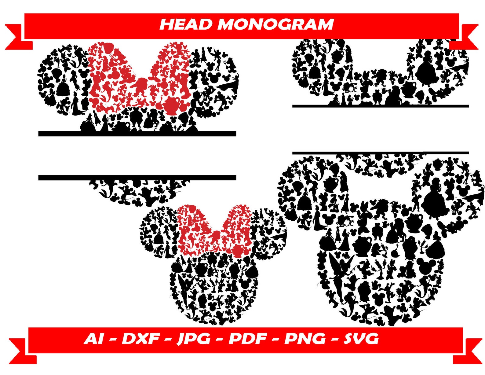 Mickey Mouse Split Head Monogram, Minnie Mouse Head Split Monogram Svg ...
