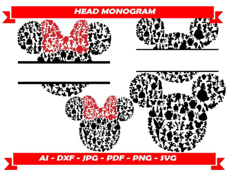 Mickey Mouse Split Head Monogram, Minnie Mouse Head Split Monogram Svg ...