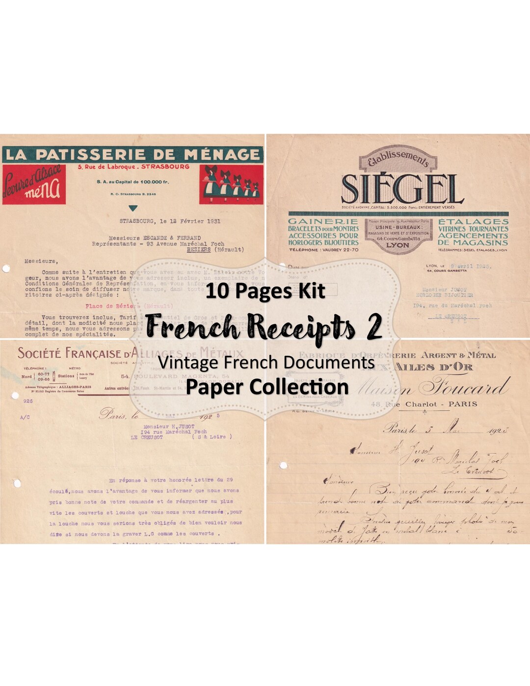 French Receipts 10 Pages Vol. 2 | Digital Kit, Junk Journal, Vintage ...