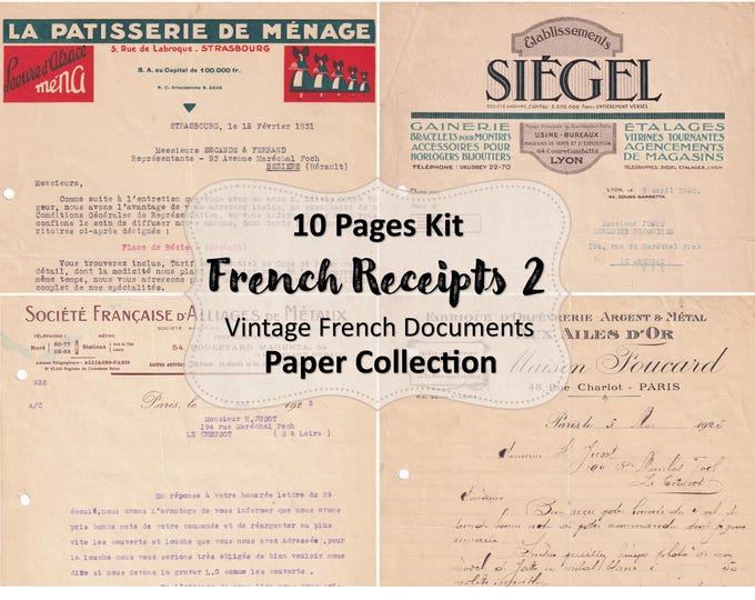 French Receipts, Junk Journal Kit, Set 4 -28 Page, French Printable ...