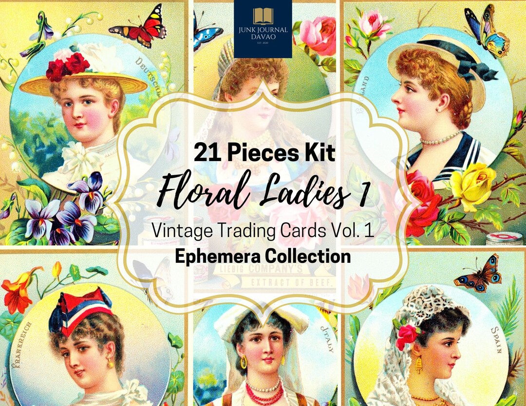 Floral Ladies Trading Cards 21 Pcs. Vol. 1 Digital Kit, Junk Journal ...