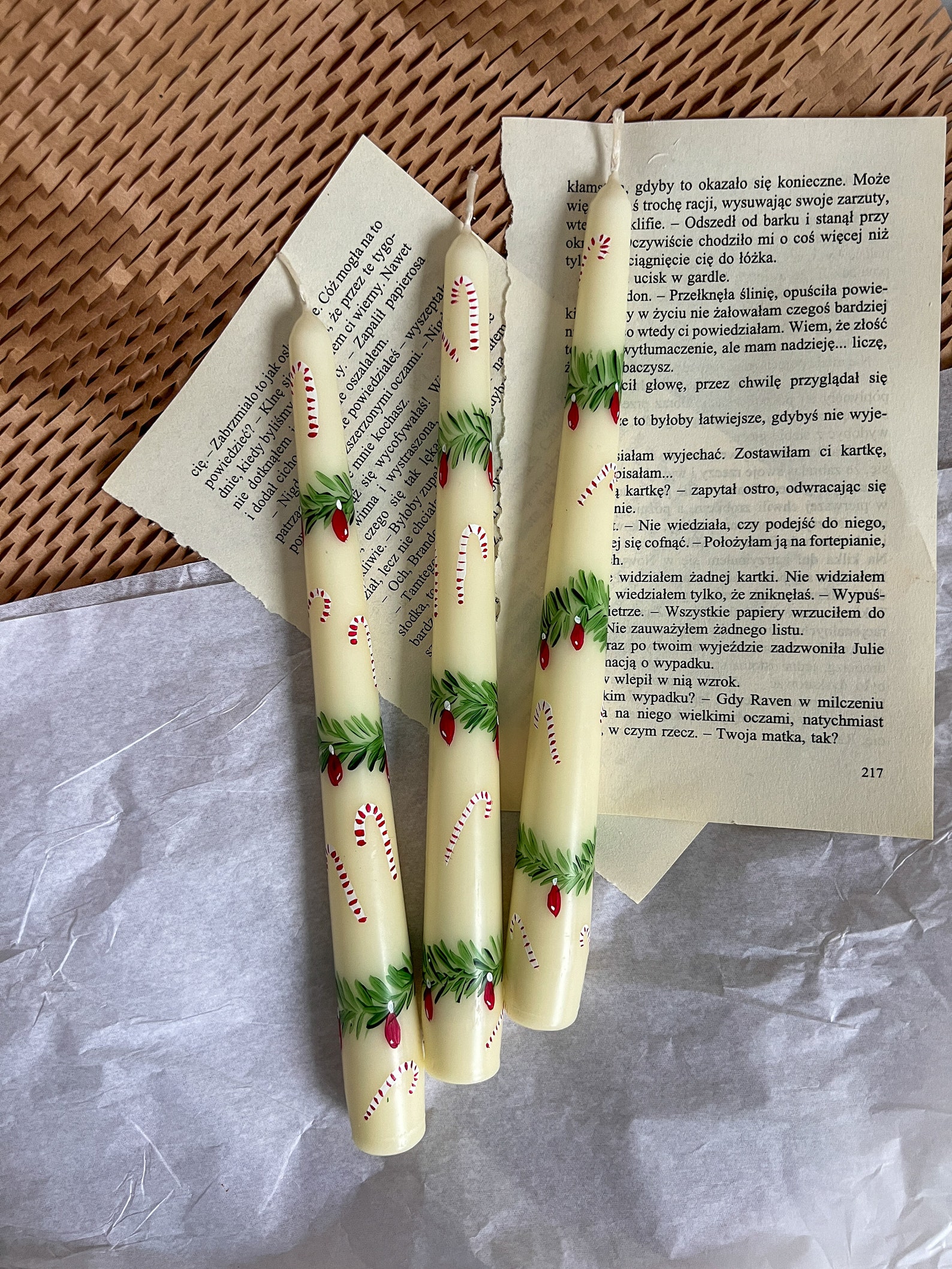 Christmas Hand Painted Candles, Dinner Candles, Painted Candles, Table ...