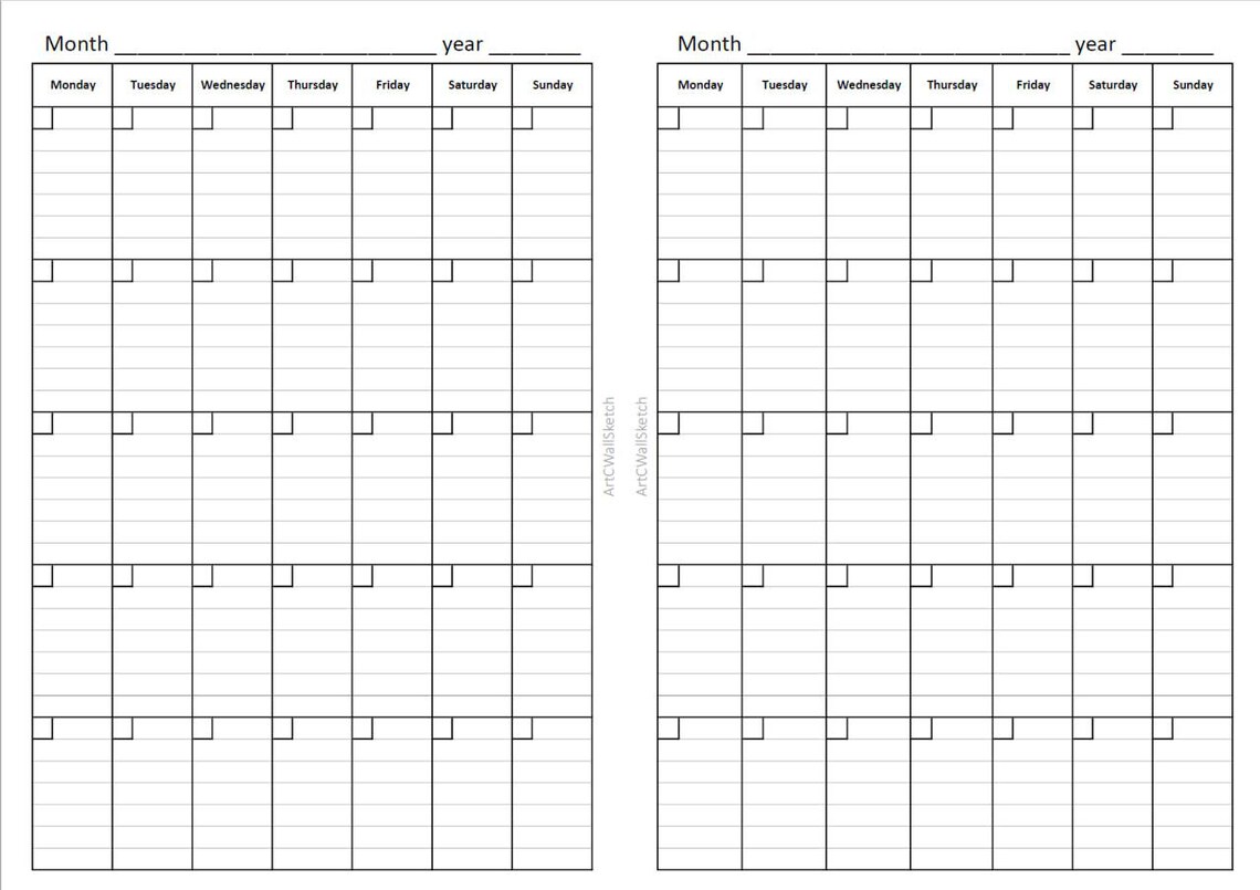 Printable Undated Monthly Planner, A5 Size (148x210mm; 8.3x5.8 Inch), 2 ...