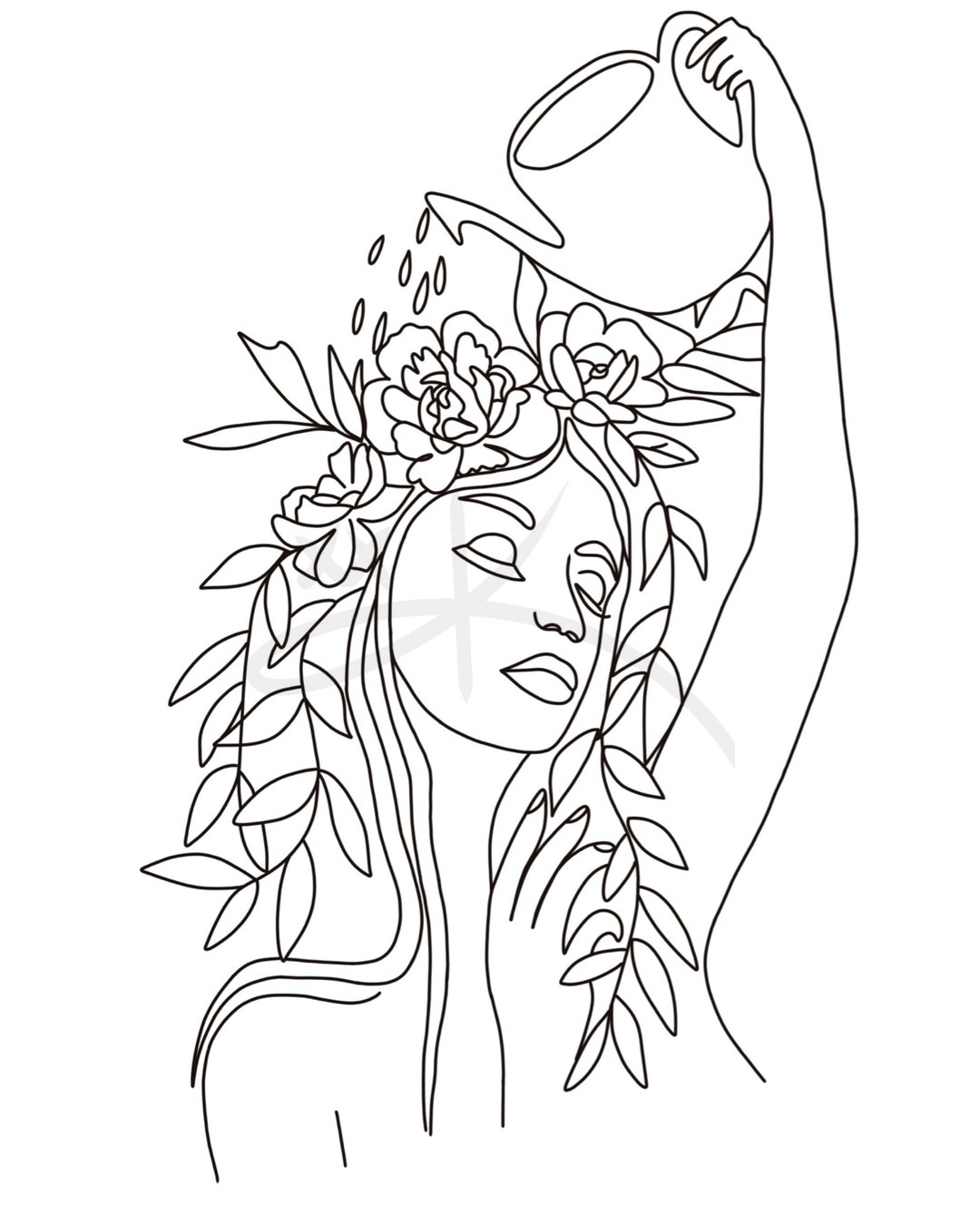 Watering Flower Girl Line Drawing, Line Art, Growing Mind Wall Art, One ...