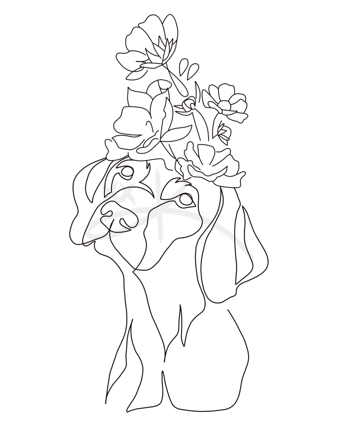 Dog Line Art, Flower Crown Dog Drawing, One Line Wall Art, Black and ...