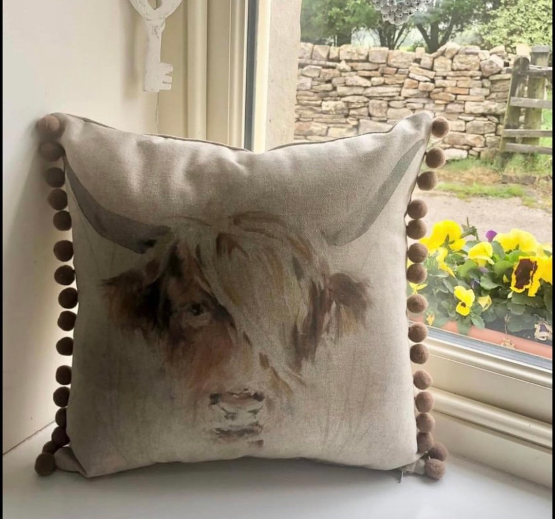 Highland Cow Cushion Covers With Pom-poms - Etsy UK