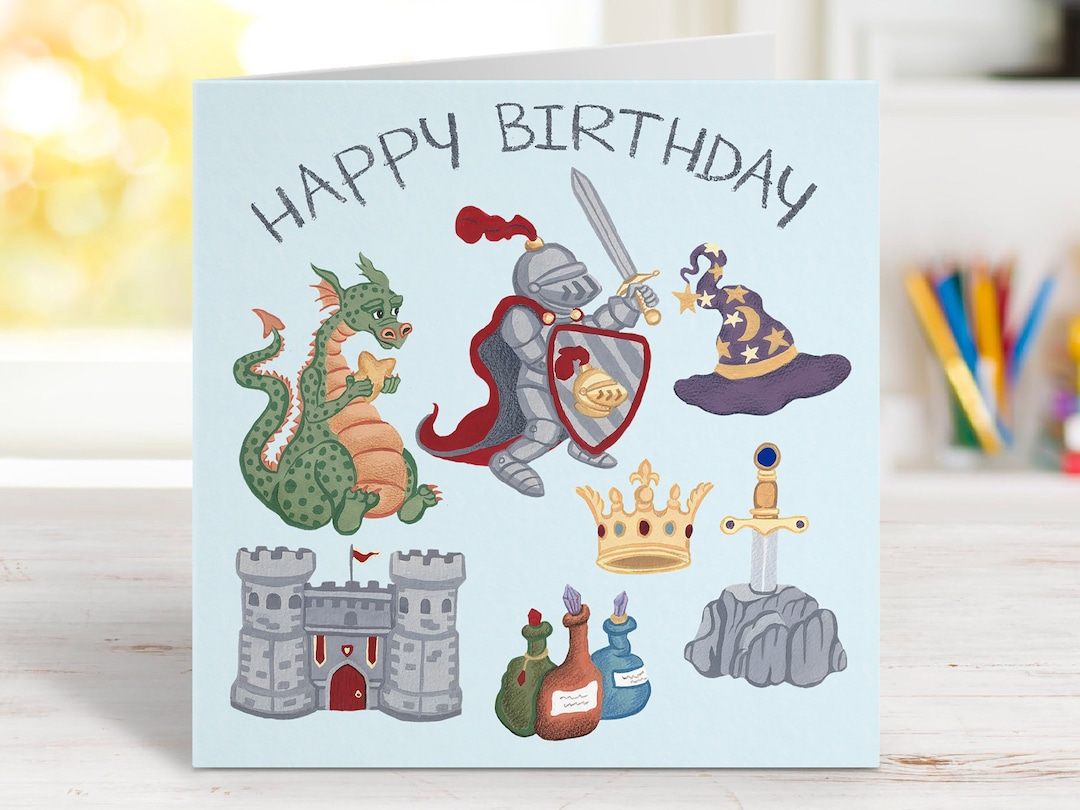 Knight and Dragon Fantasy Birthday Card, Folklore Card, Boys Merlin ...