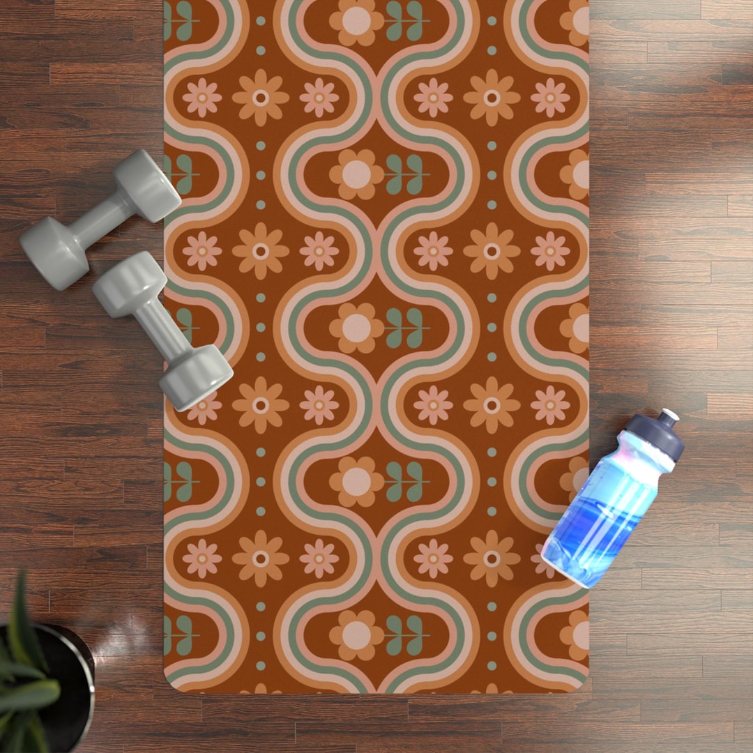 Boho Retro Flowers Groovy 70s Aesthetic Pilates Rubber Yoga Mat ...