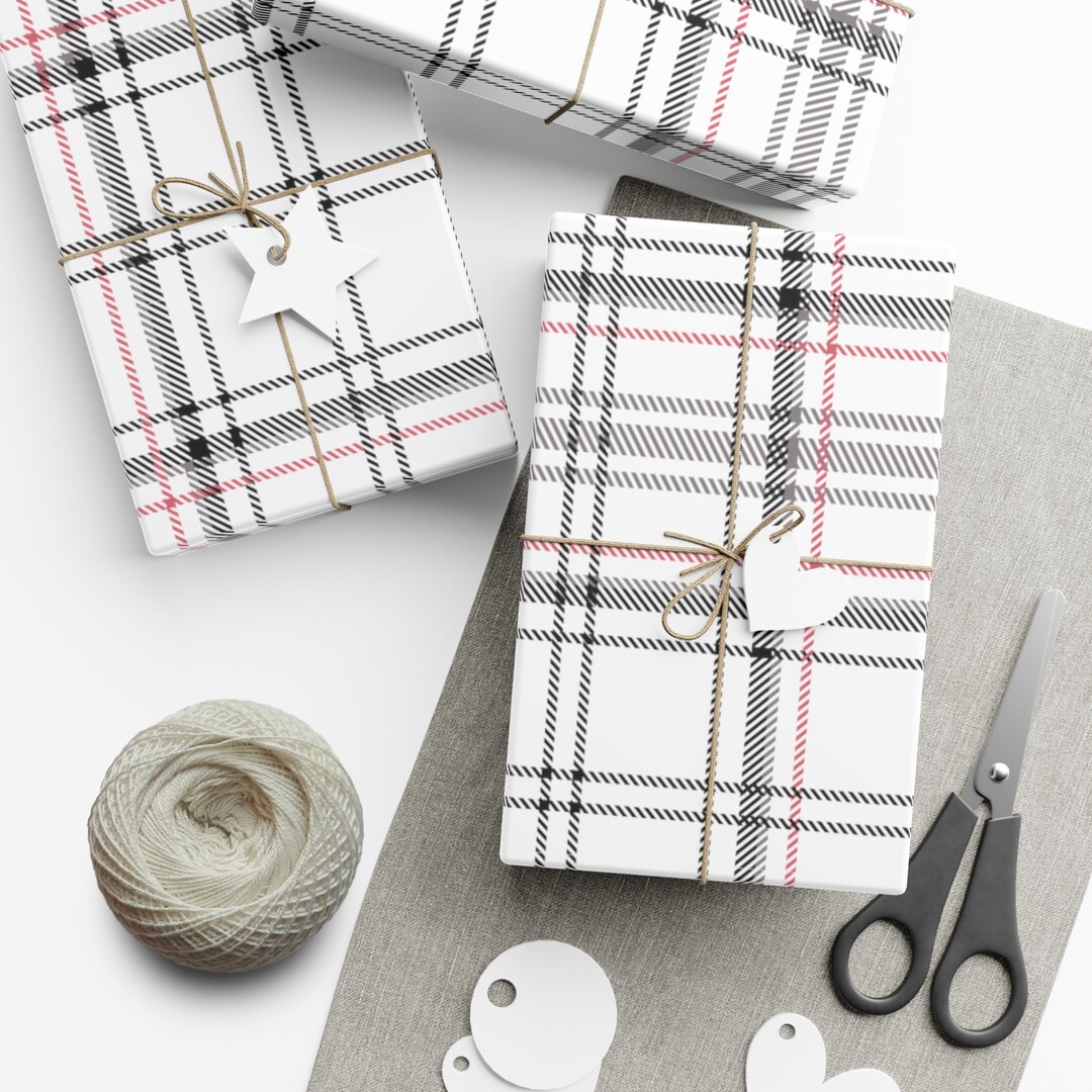 Plaid Wrapping Paper, Black, Gray and Coral Pink, Red Gift Wrap ...