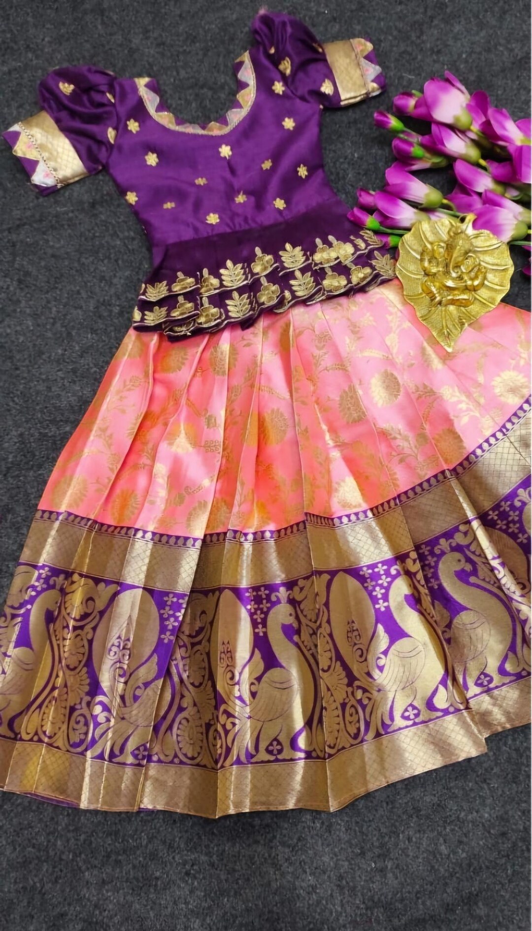 Kids' Pattu Pavadai: South Indian Silk Lehenga Choli, Peacock Border (7 ...