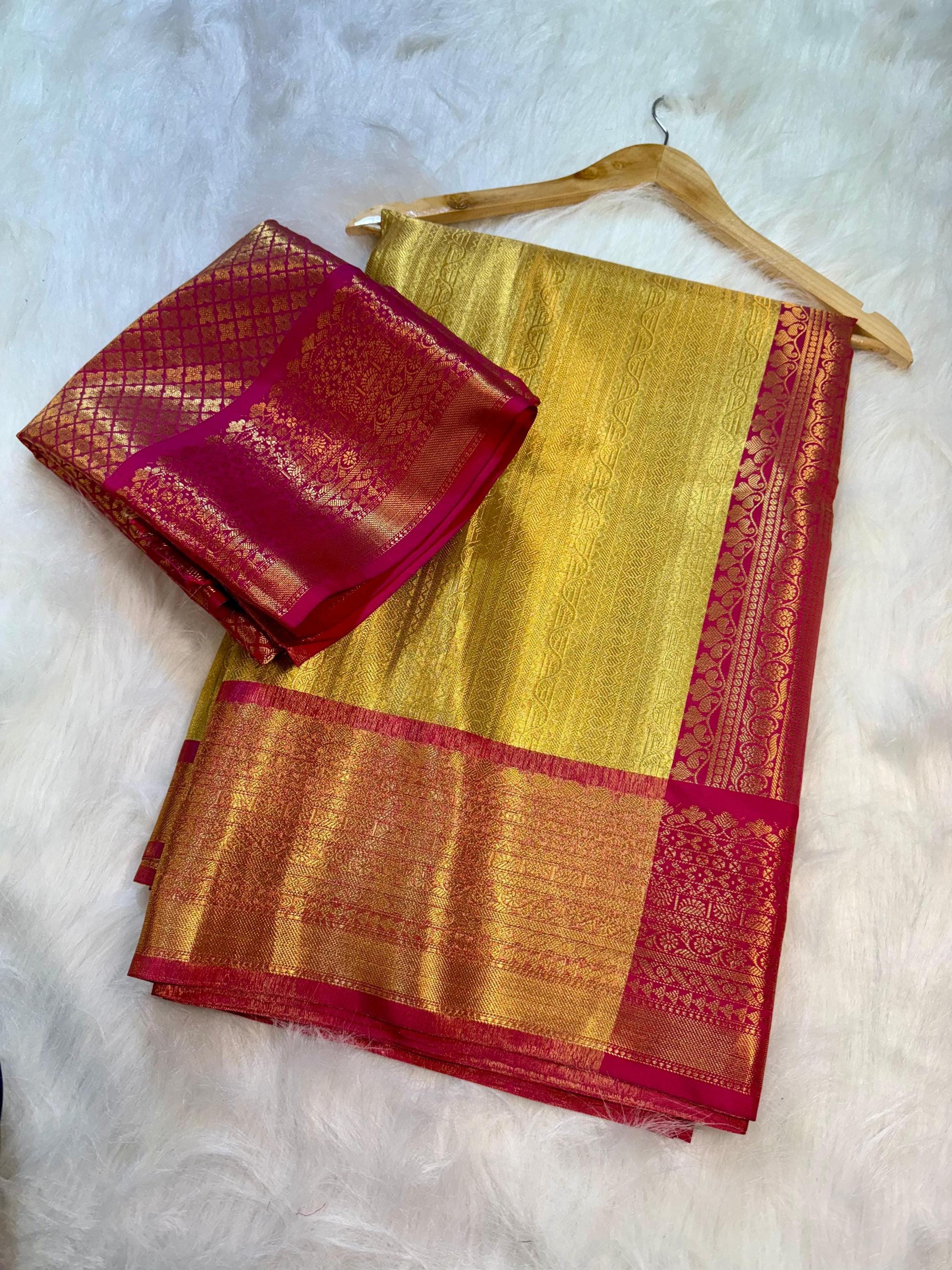 South Indian Tissue Zari Silk Saree /golden Tissue Saree With Red Big ...