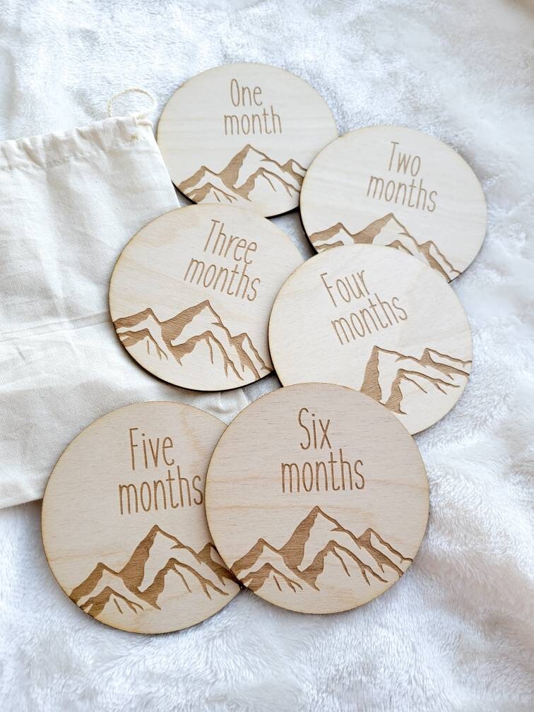 Wooden Monthly Milestone Marker Discs, Mountain Baby Milestone Marker ...