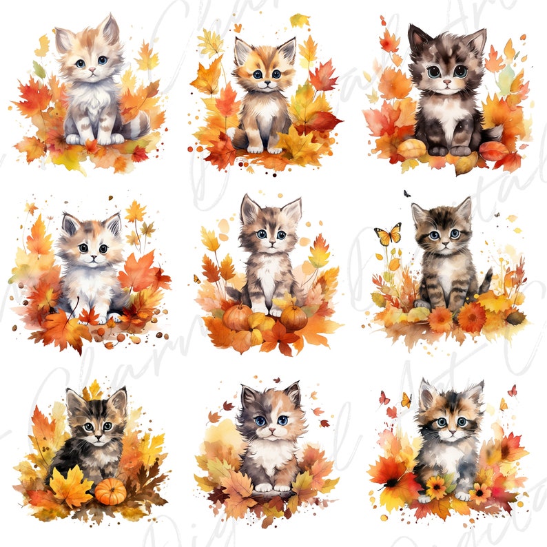 Kitten Clipart PNG Fall Decor Watercolor Autumn Halloween Art Print ...