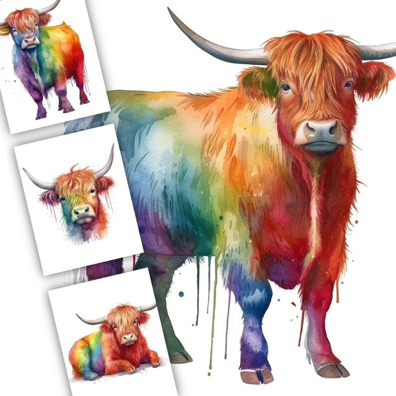 Rainbow Highland Cow Clipart PNG Farm Animal Watercolor Clipart Nursery ...