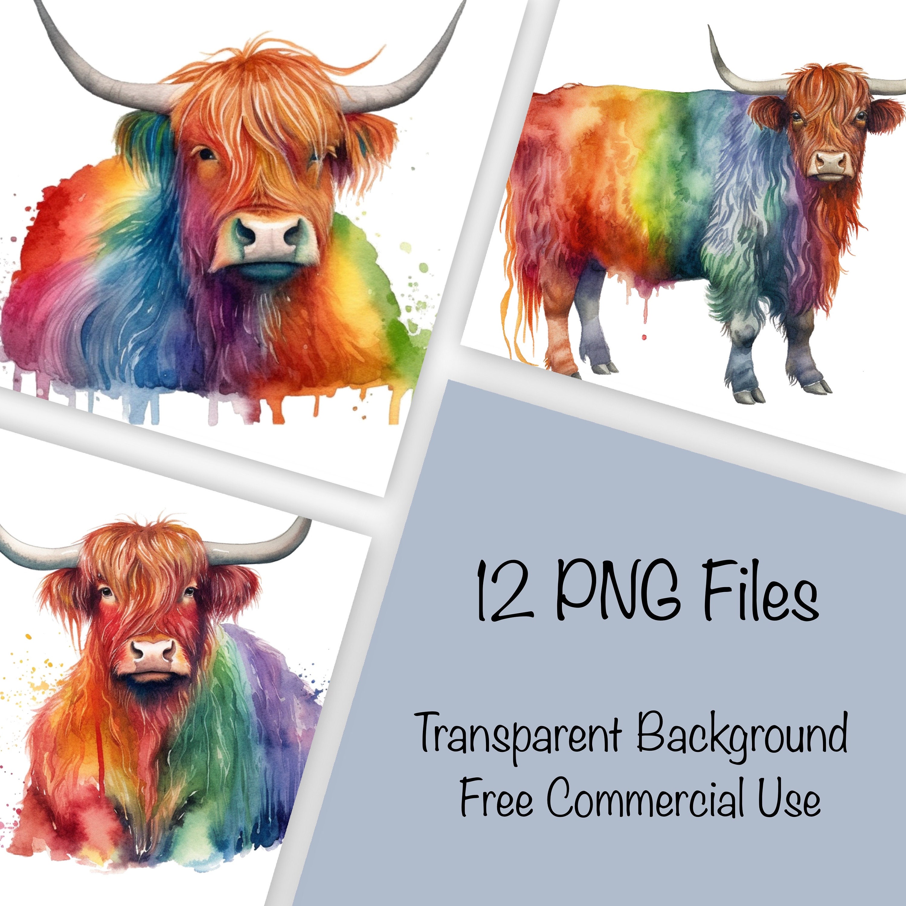 Rainbow Highland Cow Clipart PNG Farm Animal Watercolor Clipart Nursery ...