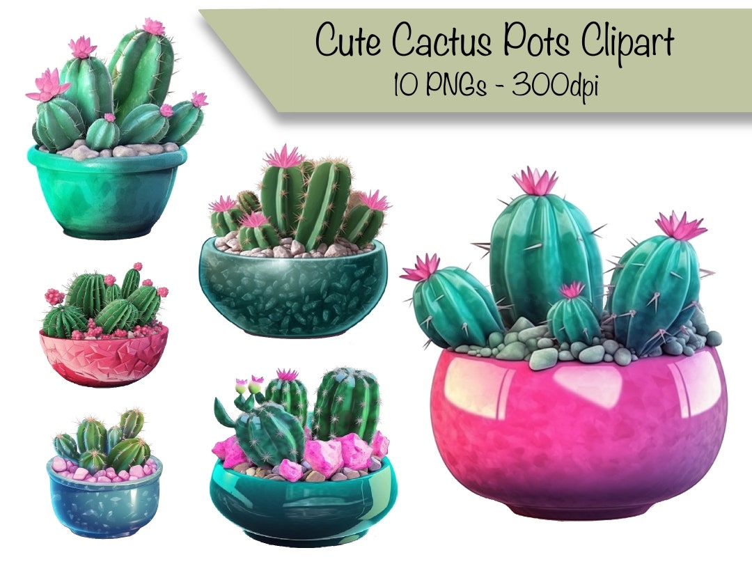 10 Cute Cactus Pots Clipart Bundle High-res Pngs for Crafting ...