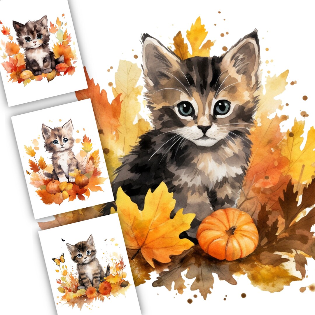 Kitten Clipart PNG Fall Decor Watercolor Autumn Halloween Art Print ...