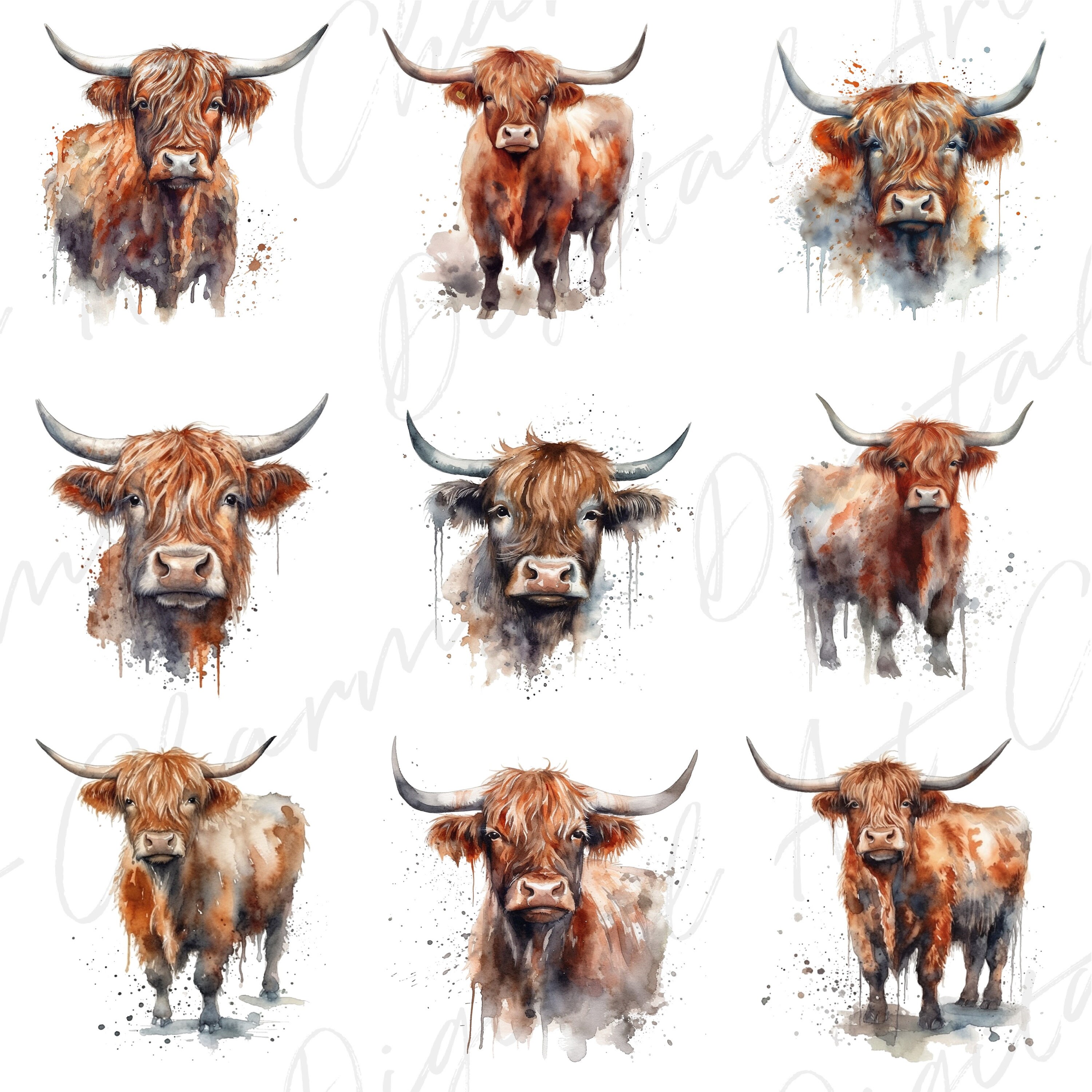 Highland Cow Clipart PNG Farm Animal Watercolor Cow Clipart Nursery ...