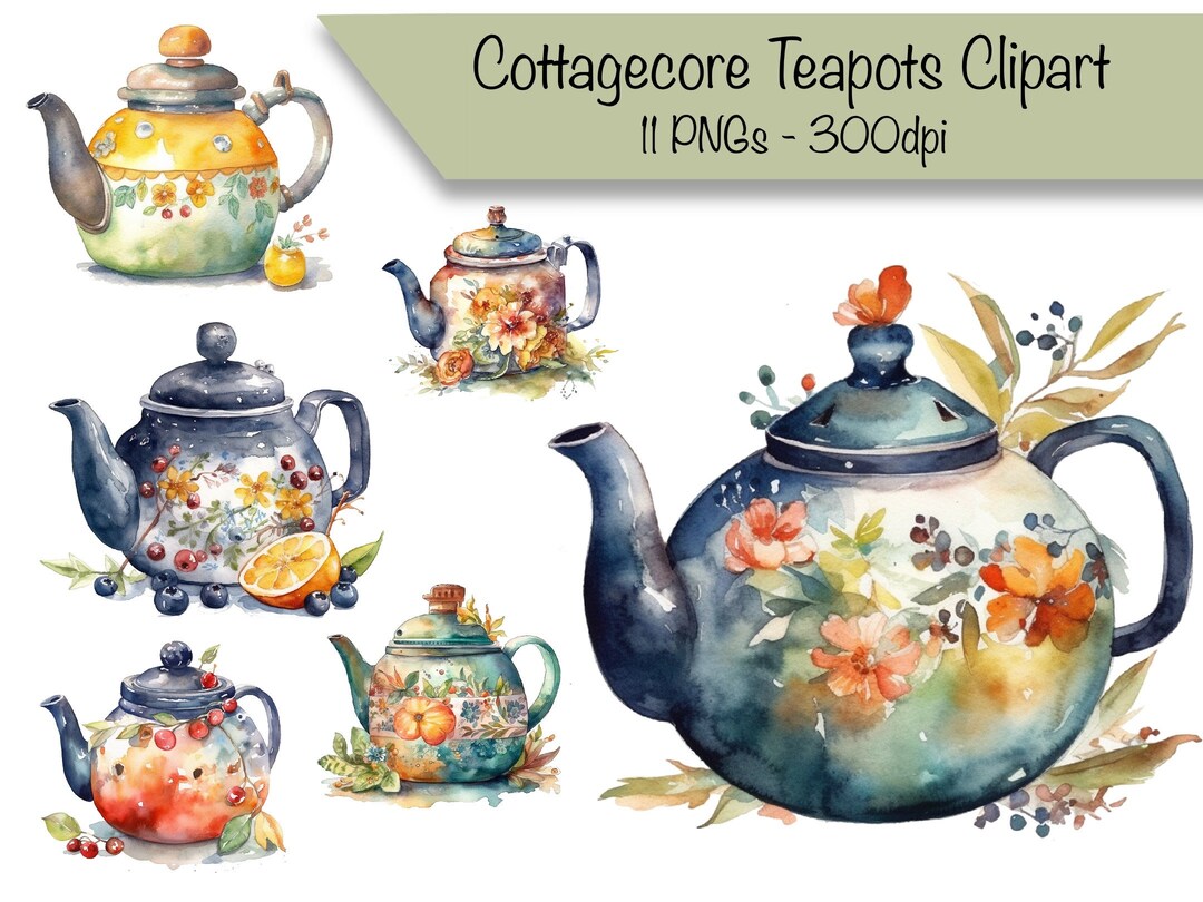 11 Watercolor Cottagecore Teapots, Cardmaking, Scrapbooking, Planners ...