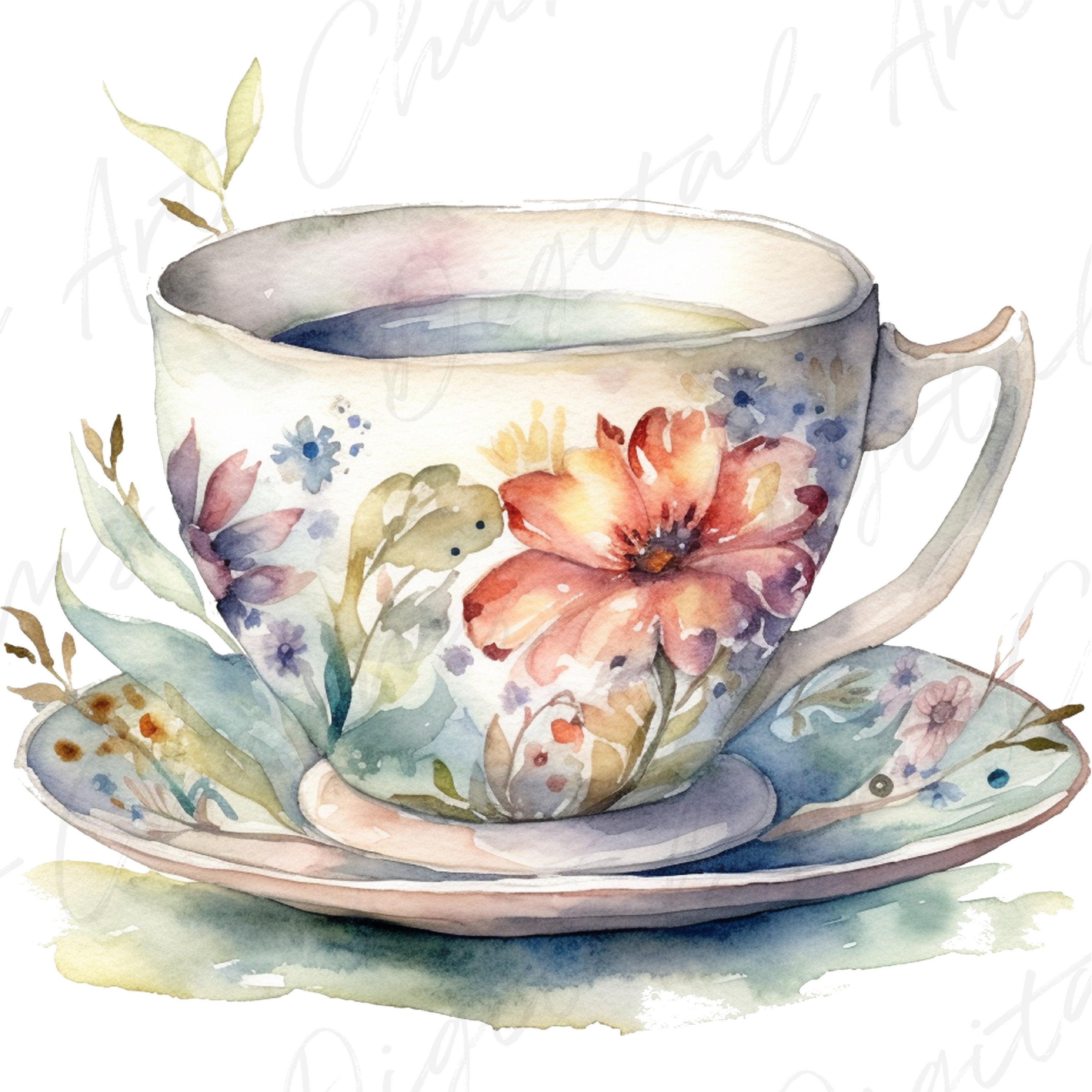10 Watercolor Cottagecore Teacups, Cardmaking, Scrapbooking, Planners ...