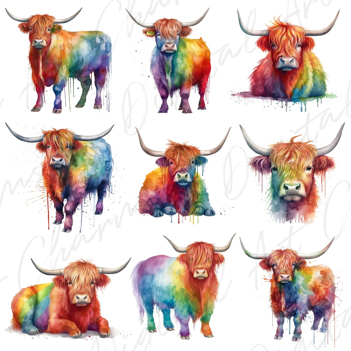 Rainbow Highland Cow Clipart PNG Farm Animal Watercolor Clipart Nursery ...