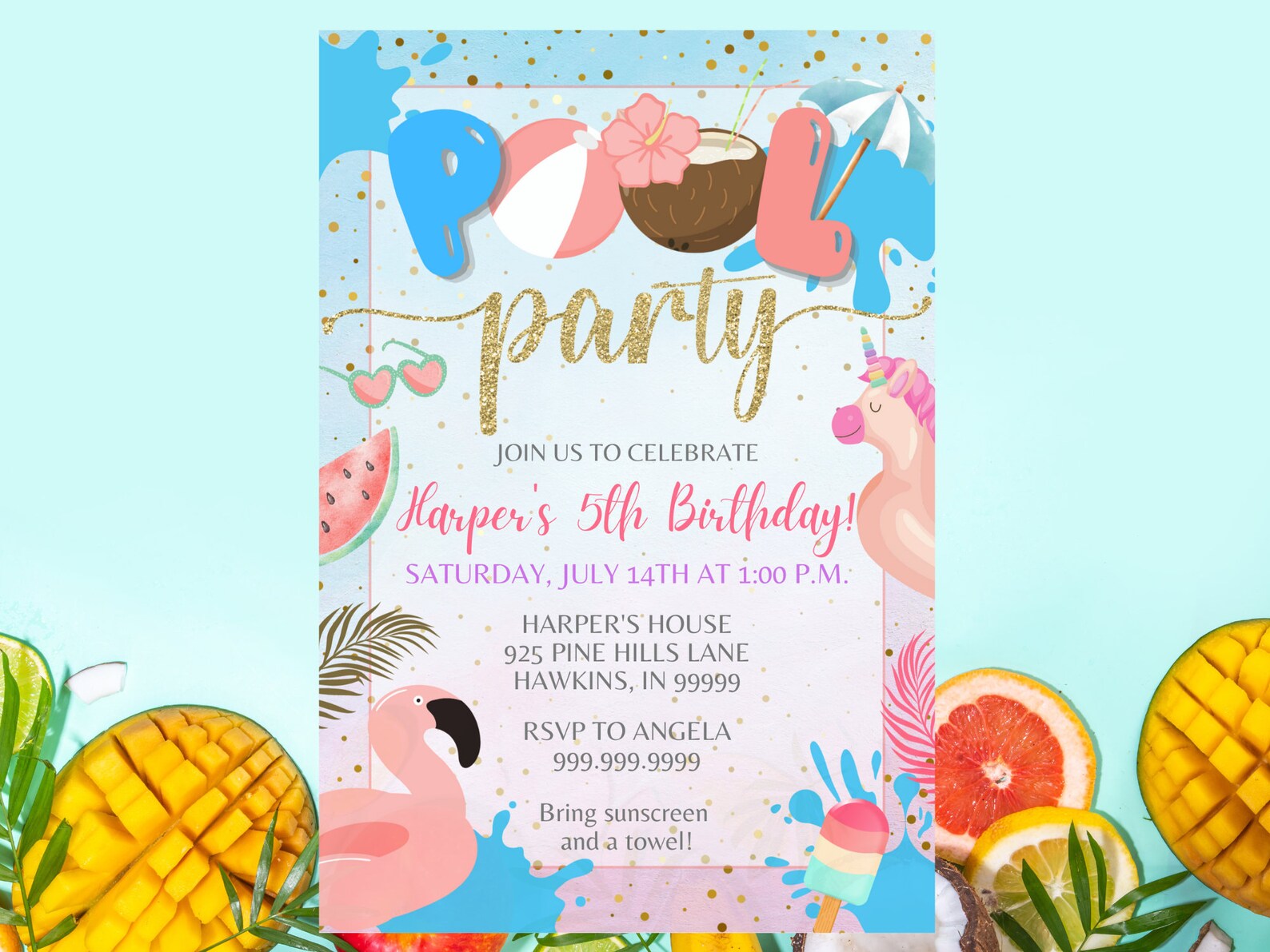 EDITABLE Pool Party Invitation Girl, Pool Party Unicorn Invitation ...