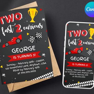 Editable Two Fast Birthday Invitation Two Fast Boy Race Car 2nd ...