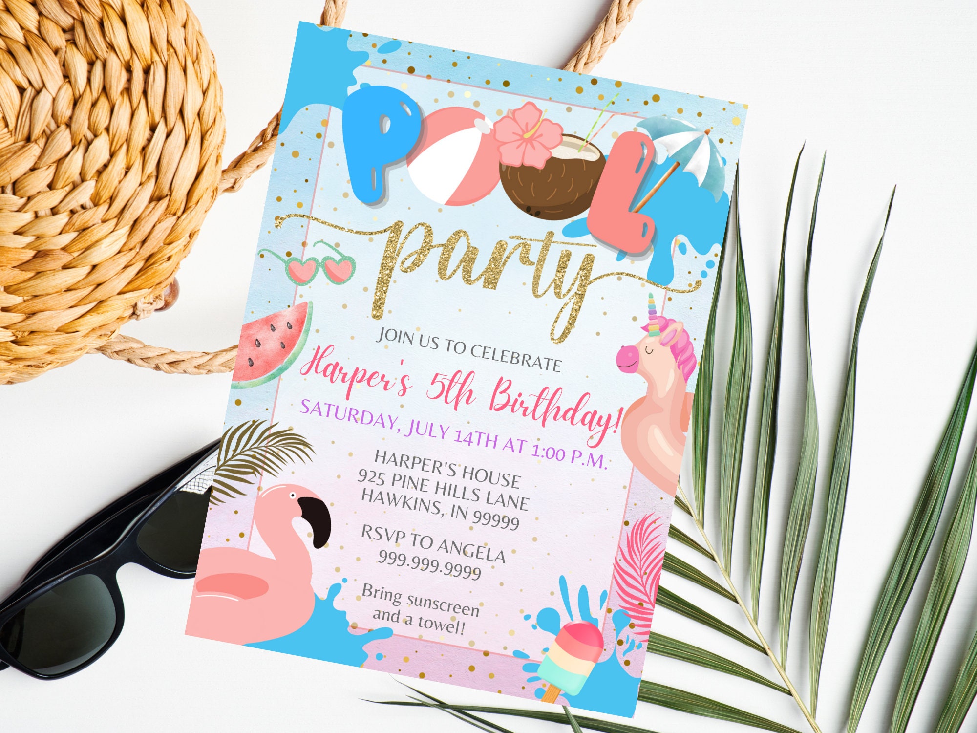EDITABLE Pool Party Invitation Girl, Pool Party Unicorn Invitation ...