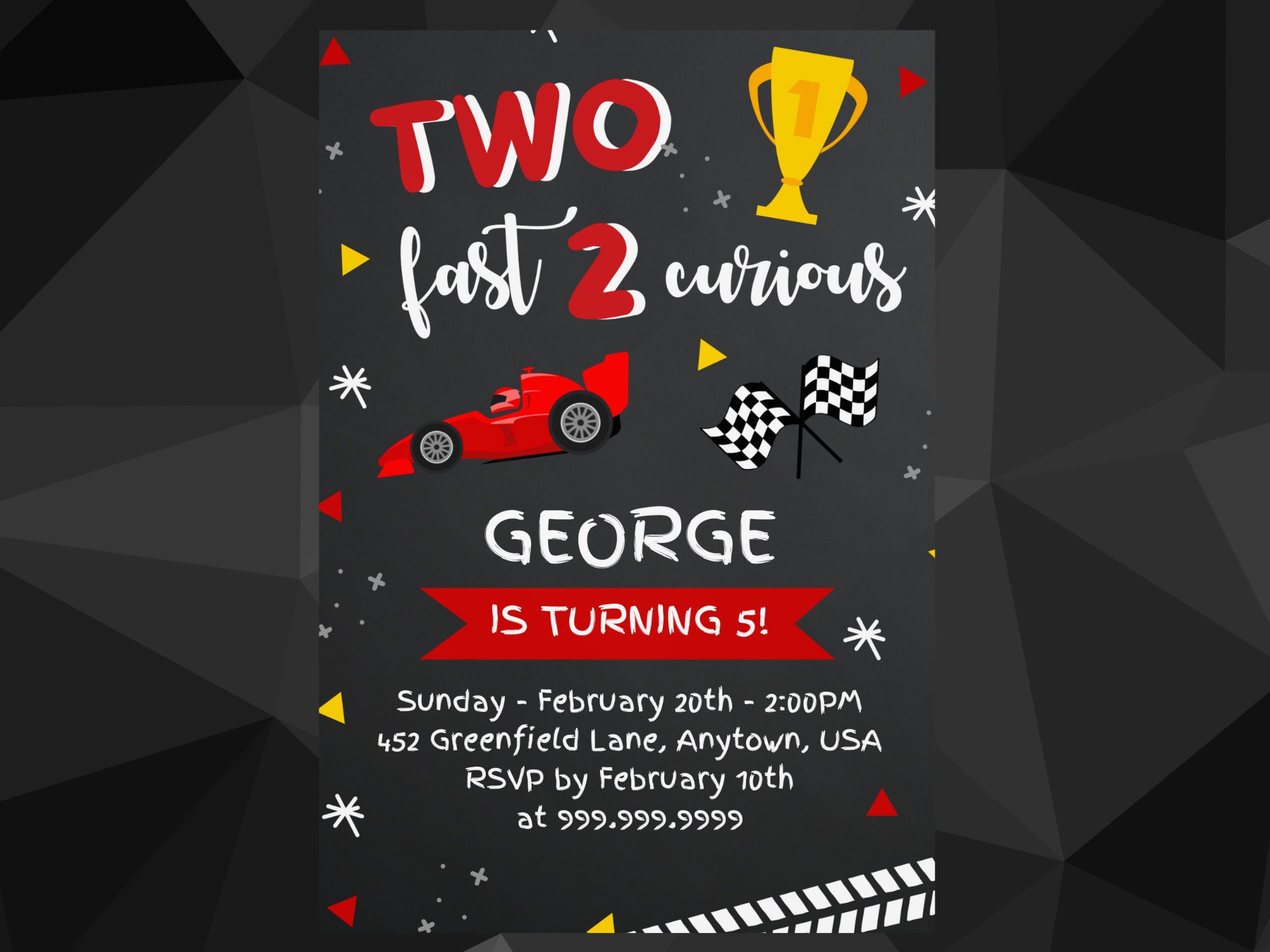 Editable Two Fast Birthday Invitation Two Fast Boy Race Car 2nd ...