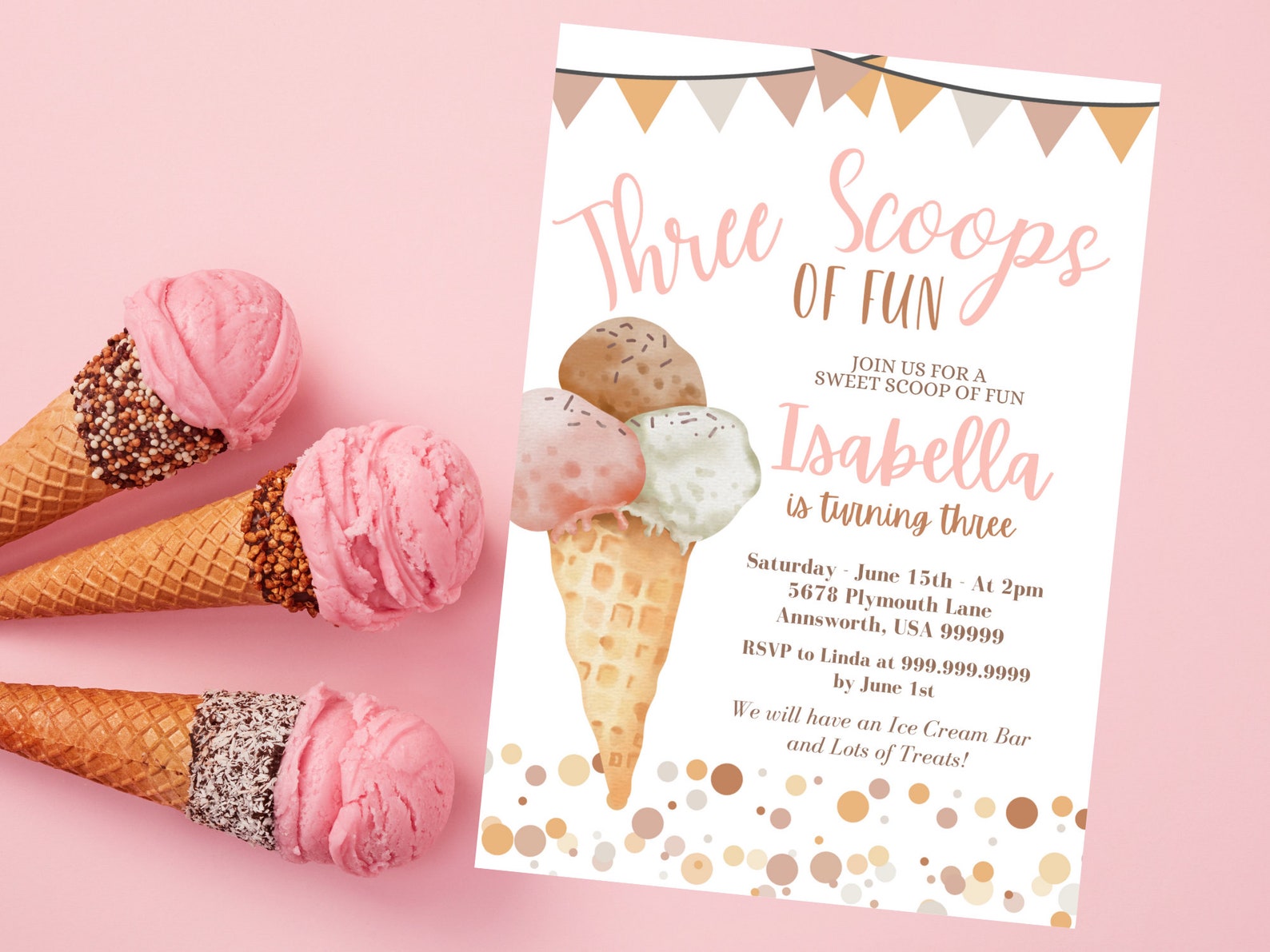 Editable Ice Cream Three Scoops Of Fun Birthday Invitation 3rd
