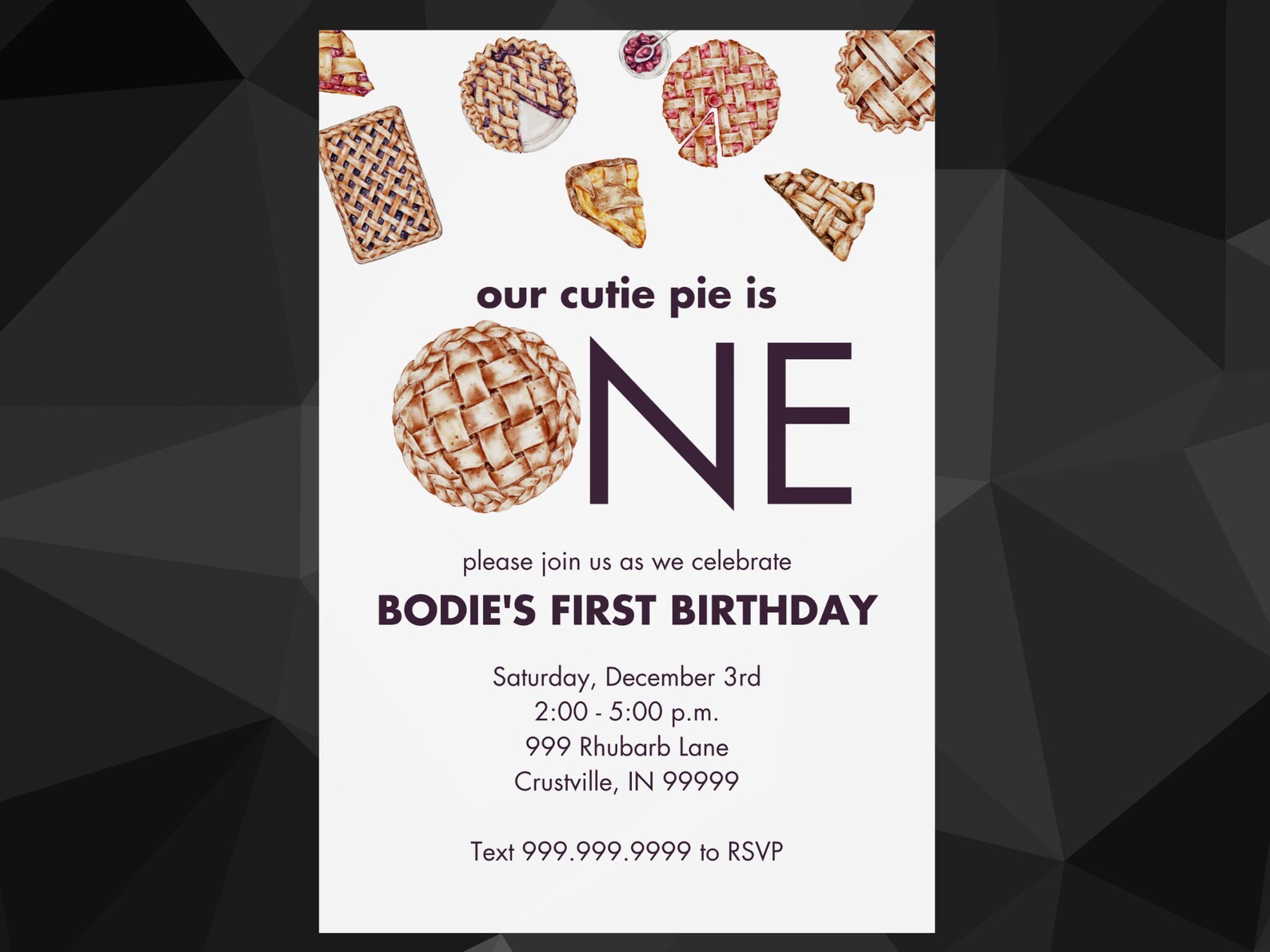 Cutie Pie Party Invitation, One Year Old Birthday Party Invitation, Pi ...