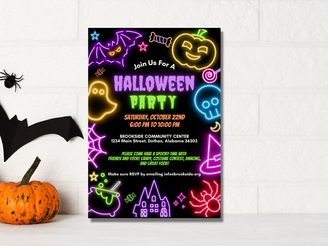 Neon Halloween Party Invitation Template Editable Halloween - Etsy