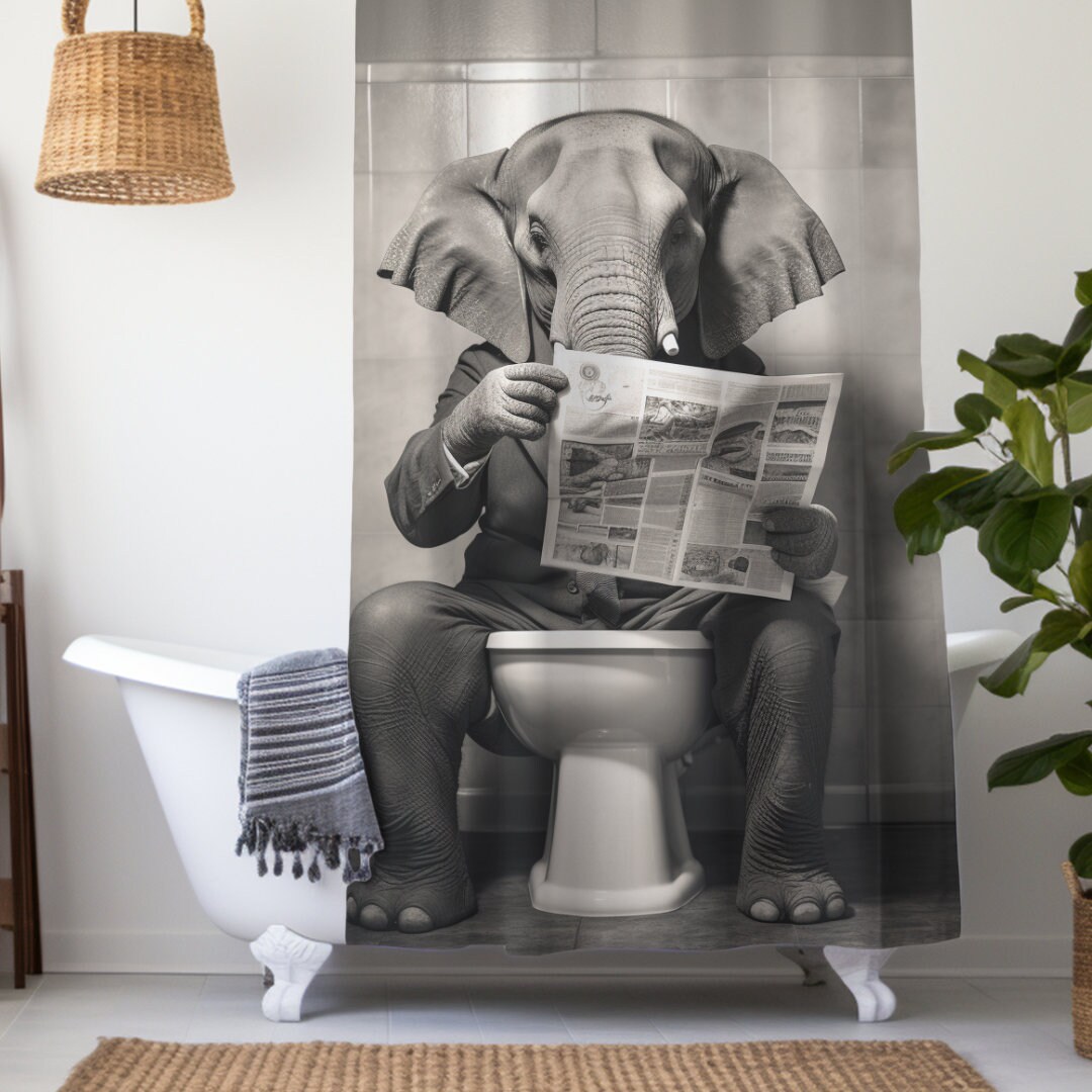 Whimsical Elephant on Toilet Reading Newspaper Shower Curtain - Etsy