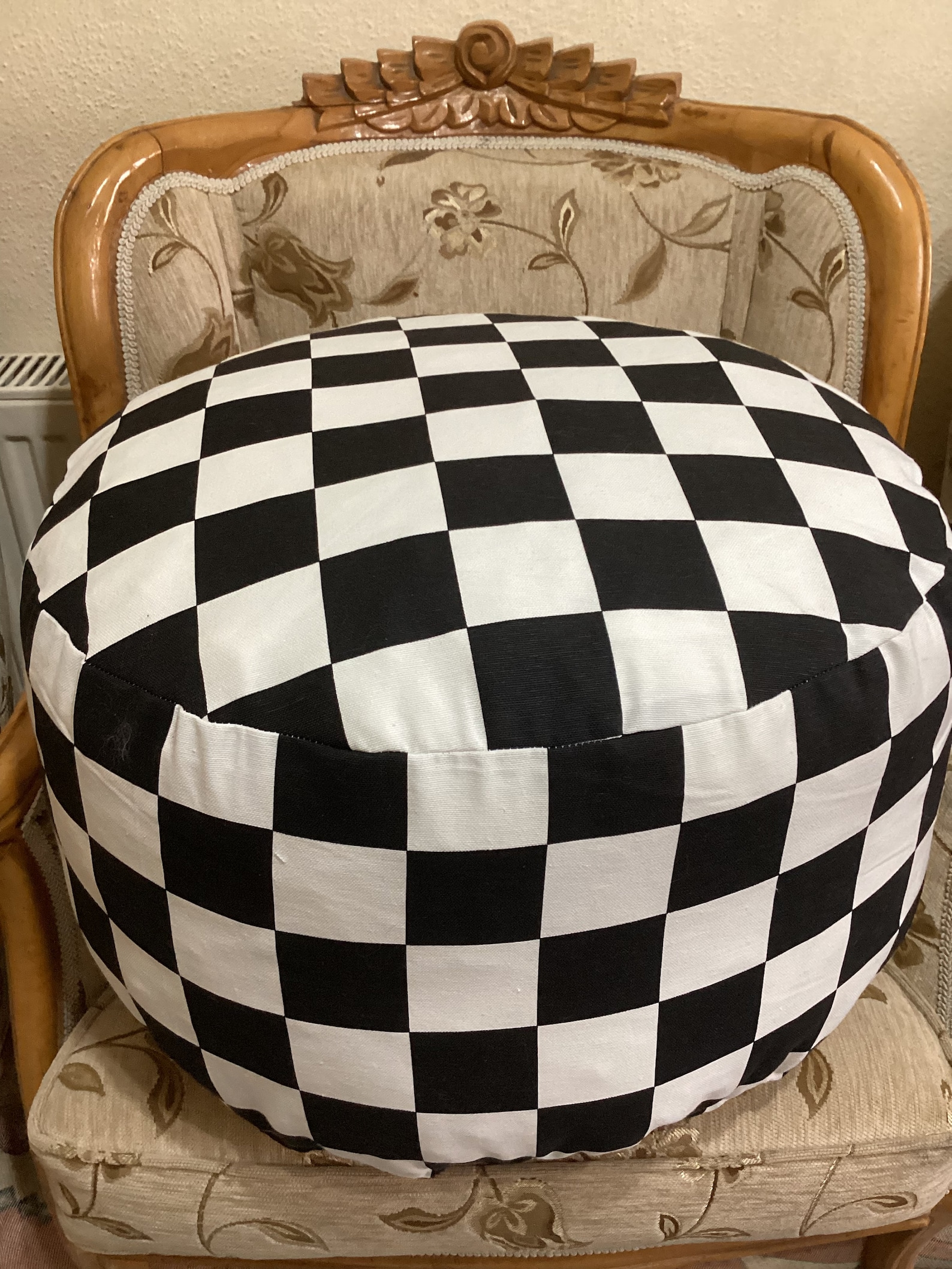 Round Moroccan Pouf Checkered Pattern With Pillow Included, Boho ...