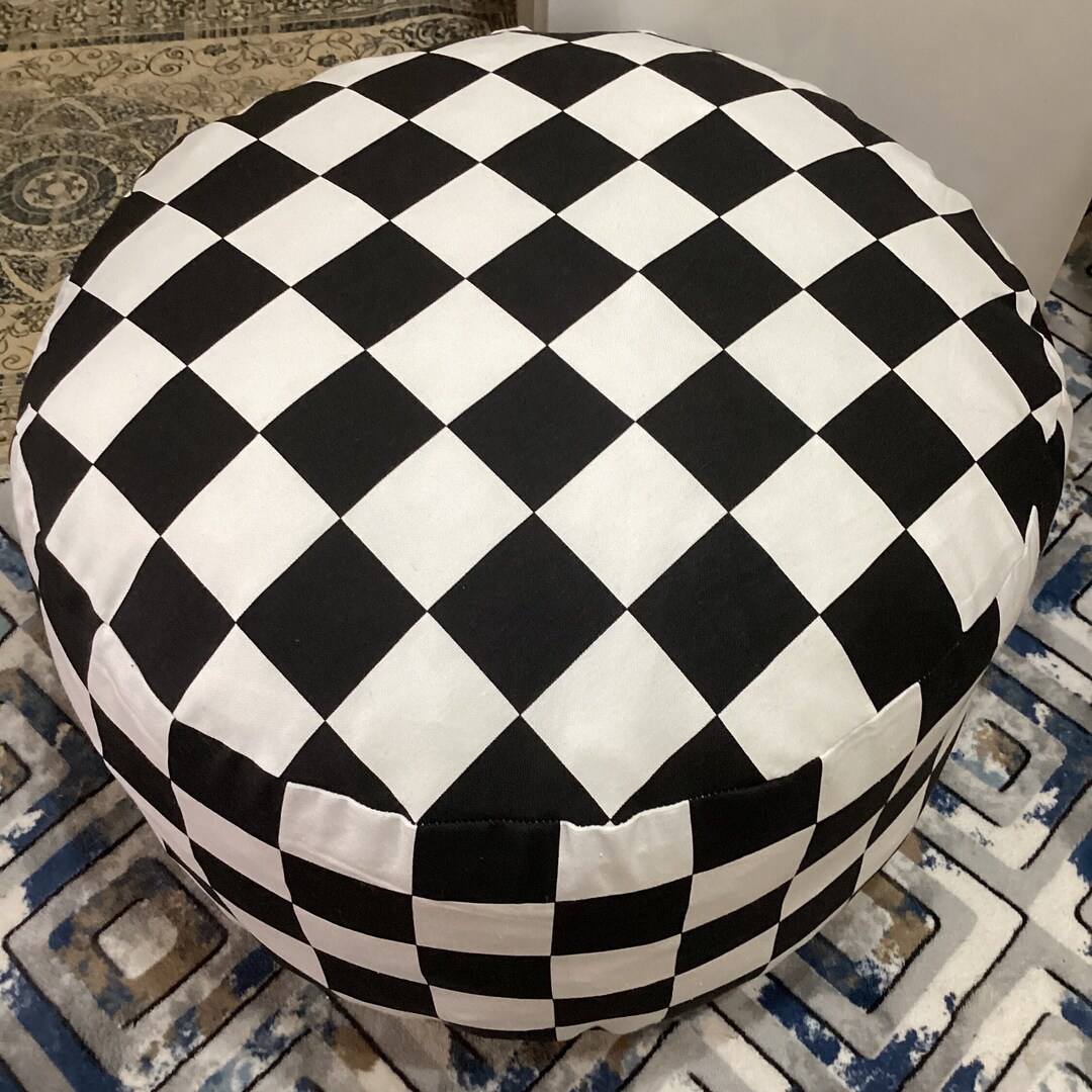 Round Moroccan Pouf Checkered Pattern With Pillow Included, Boho ...
