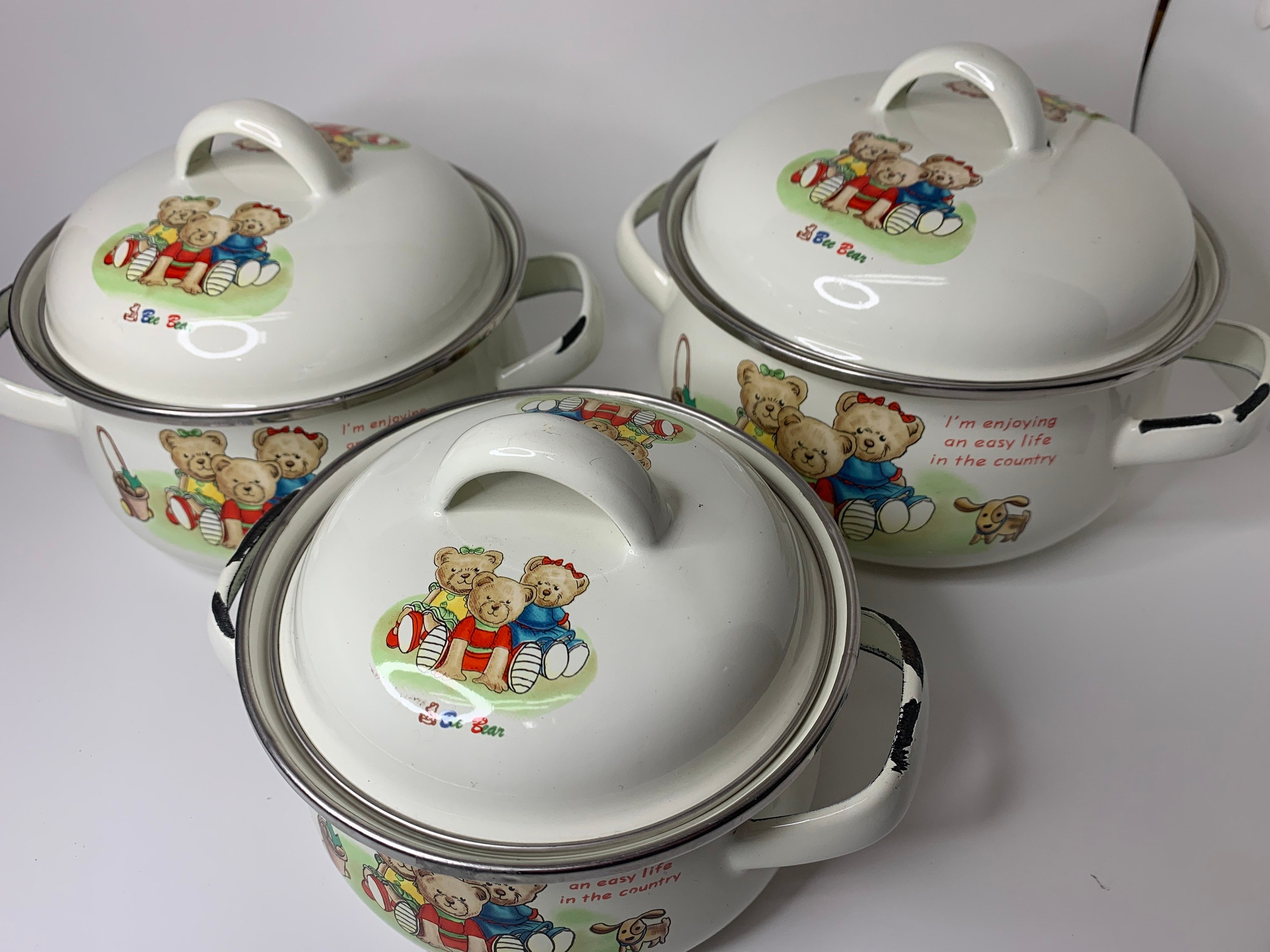Enamel Cooking Pot, Bee Bear, Made in Thailand, Used, Set, Set of Three ...