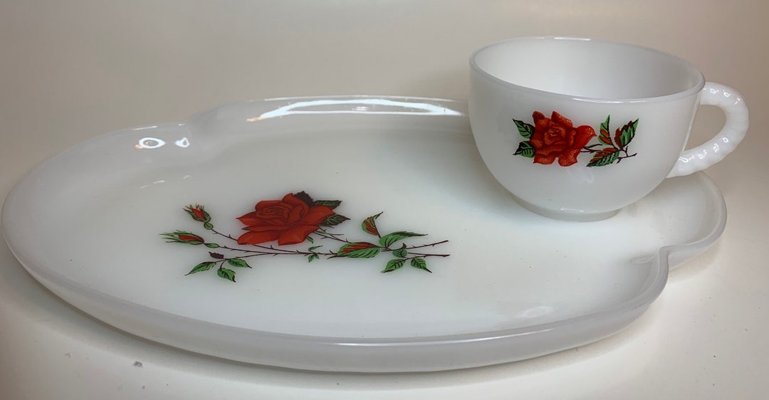 Federal Glass Company, Rosecrest, Red Rose, Tea Set, Snack Set, Vintage ...