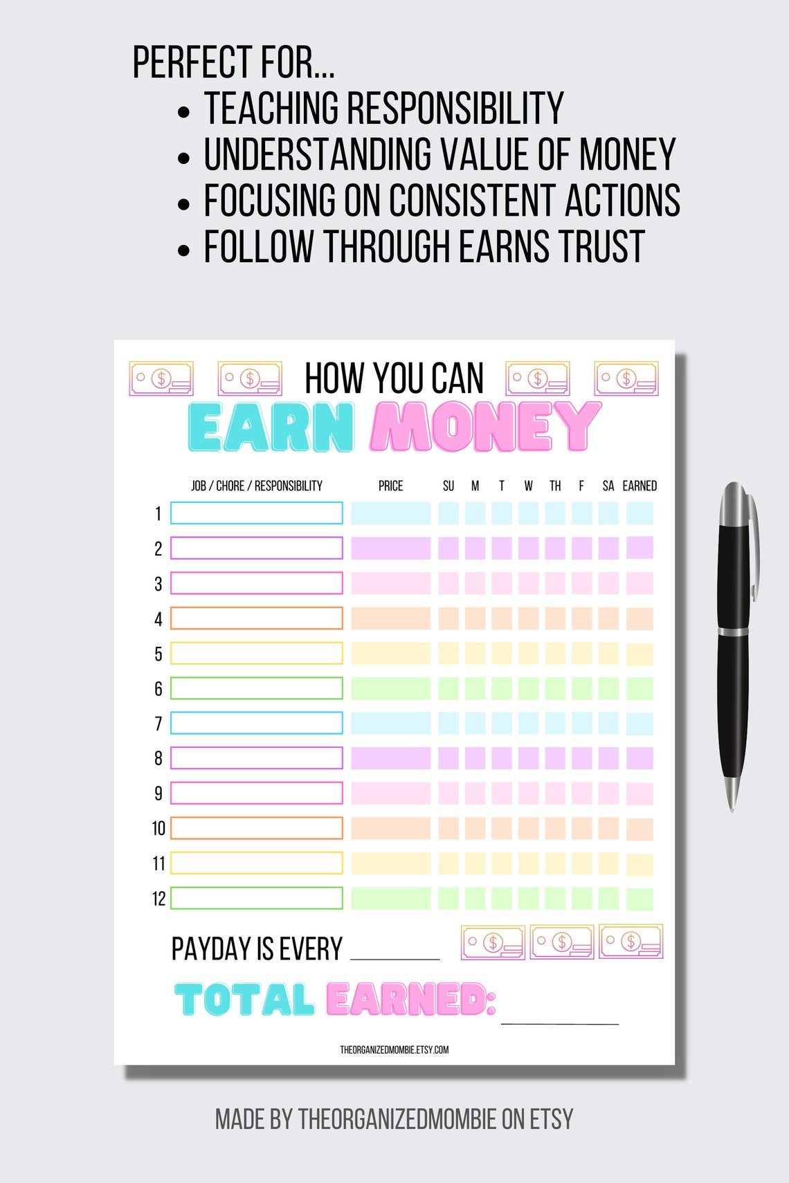 How to Earn Money Allowance Chore Chart for Kids Printable Chore Chart ...