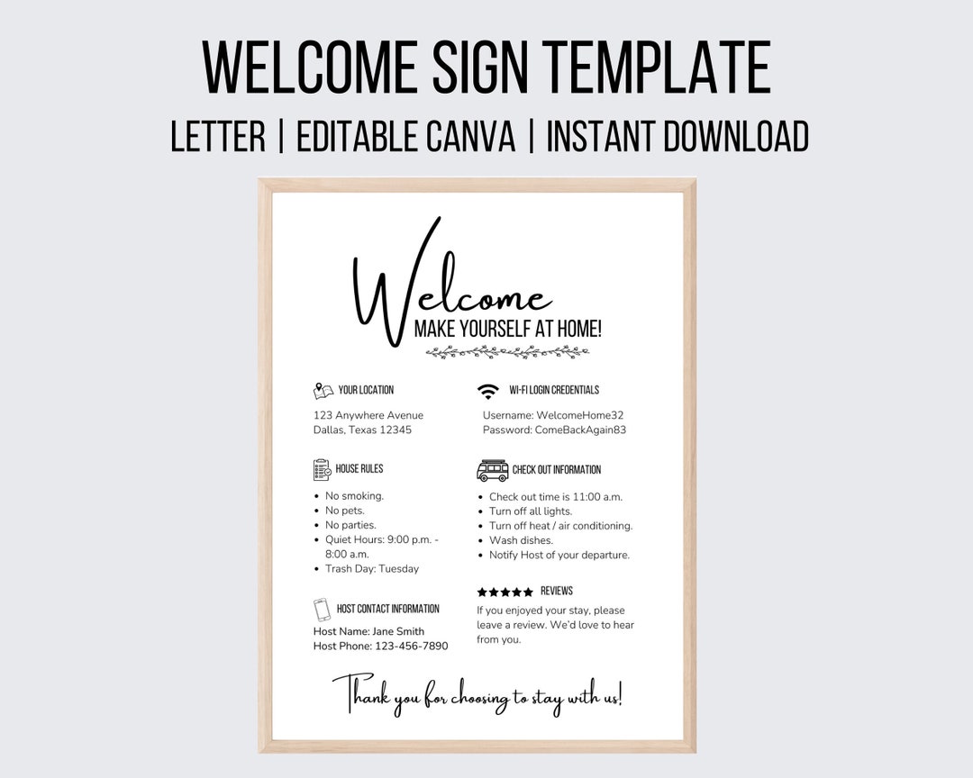 Guest Welcome Sign for Airbnb VRBO Wedding, Editable Canva Template ...