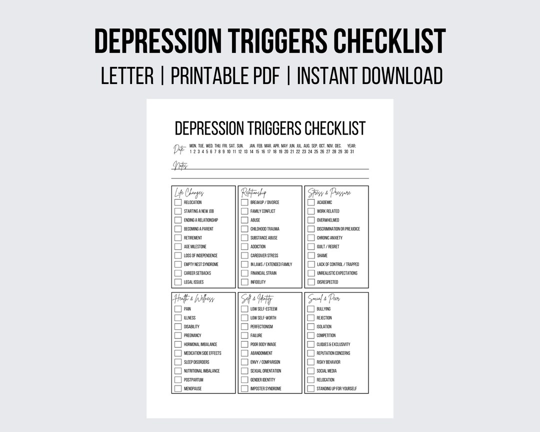 Depression Triggers Checklist Mental Health Self Care Checklist ...